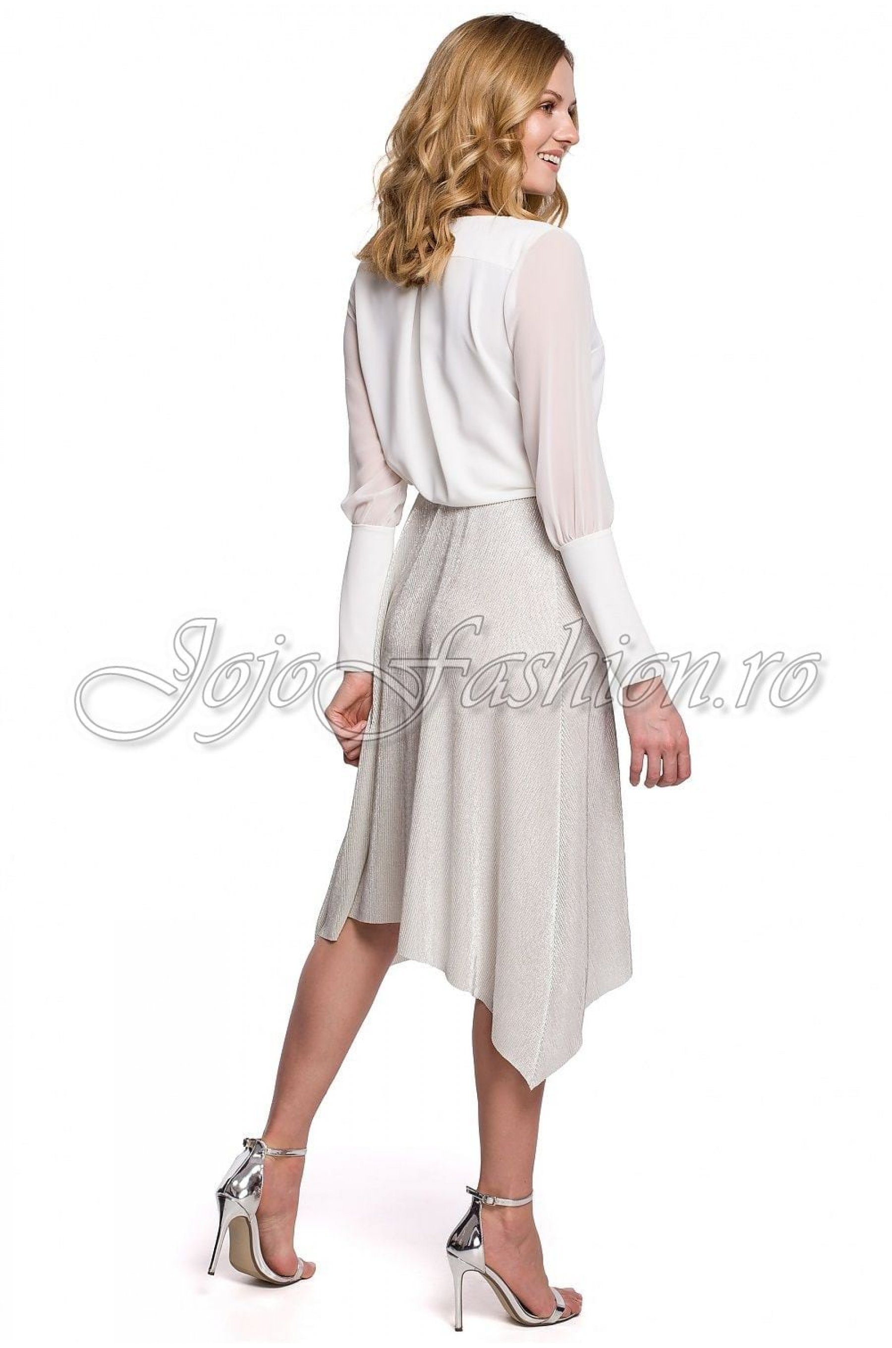 Fusta glitter argintie asimetrica Paula - JojoFashion.ro