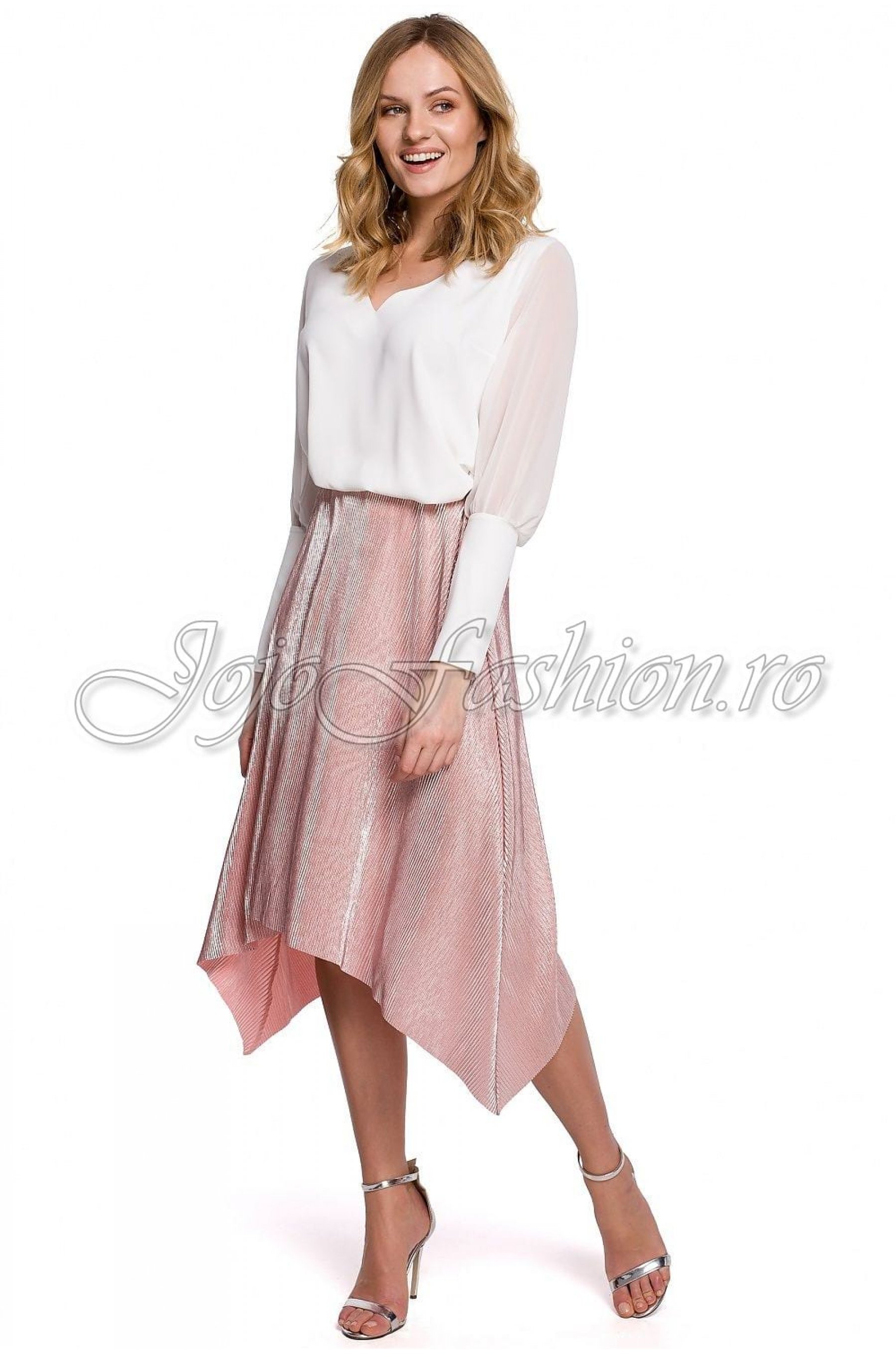 Fusta glitter roz asimetrica Paula - JojoFashion.ro