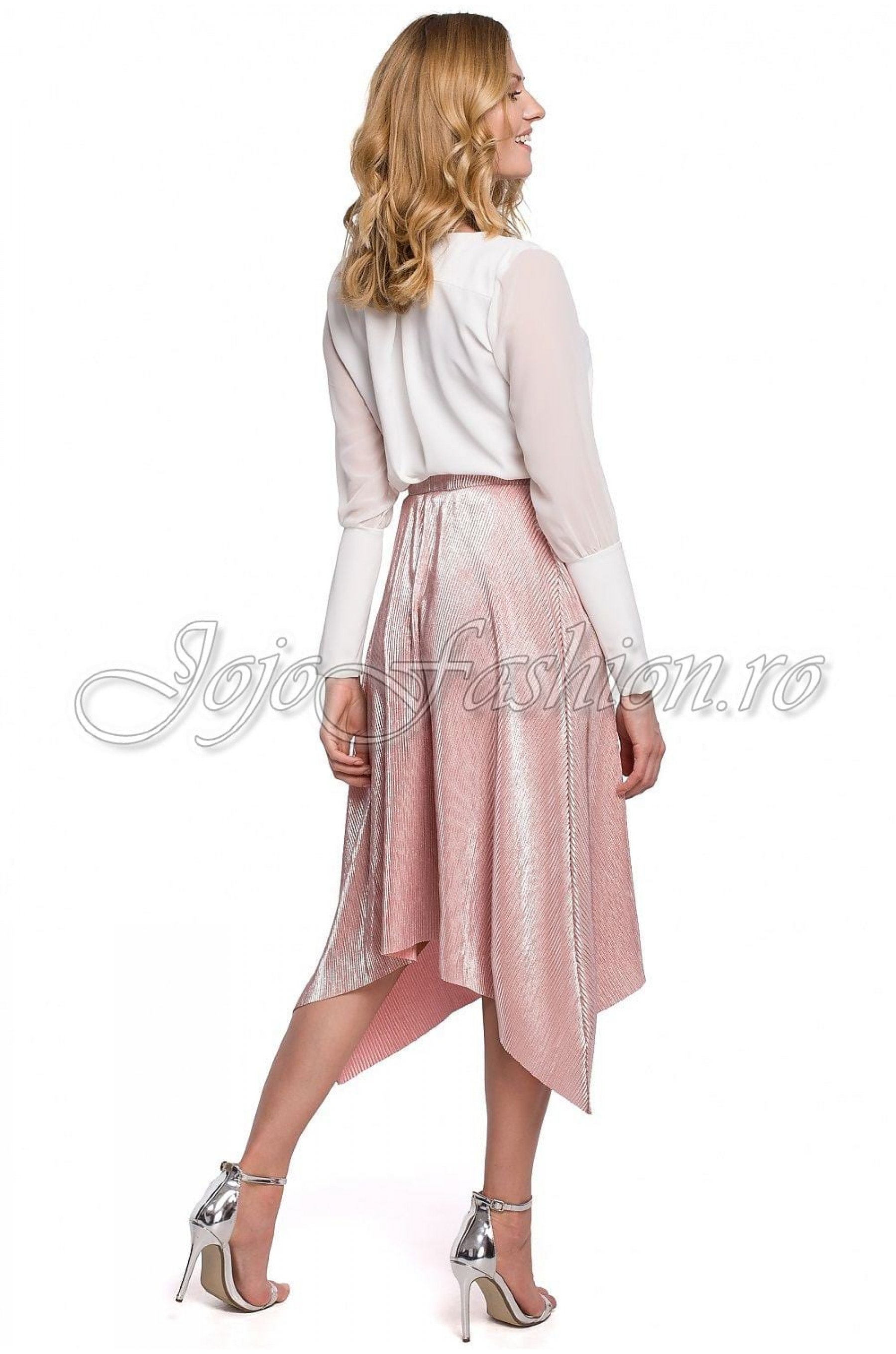Fusta glitter roz asimetrica Paula - JojoFashion.ro