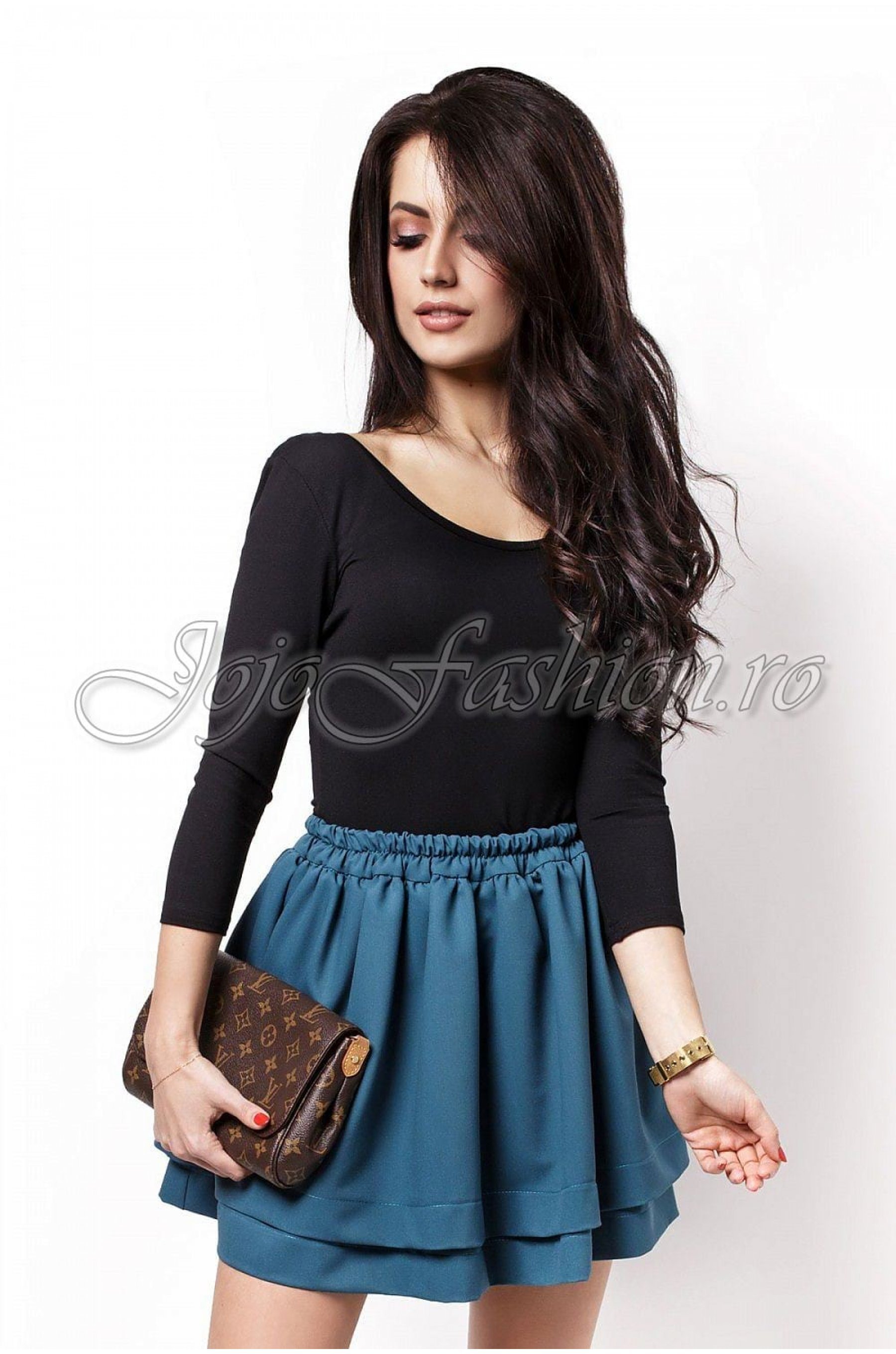 Fusta scurta in clos din vascoza albastra Elana - JojoFashion.ro