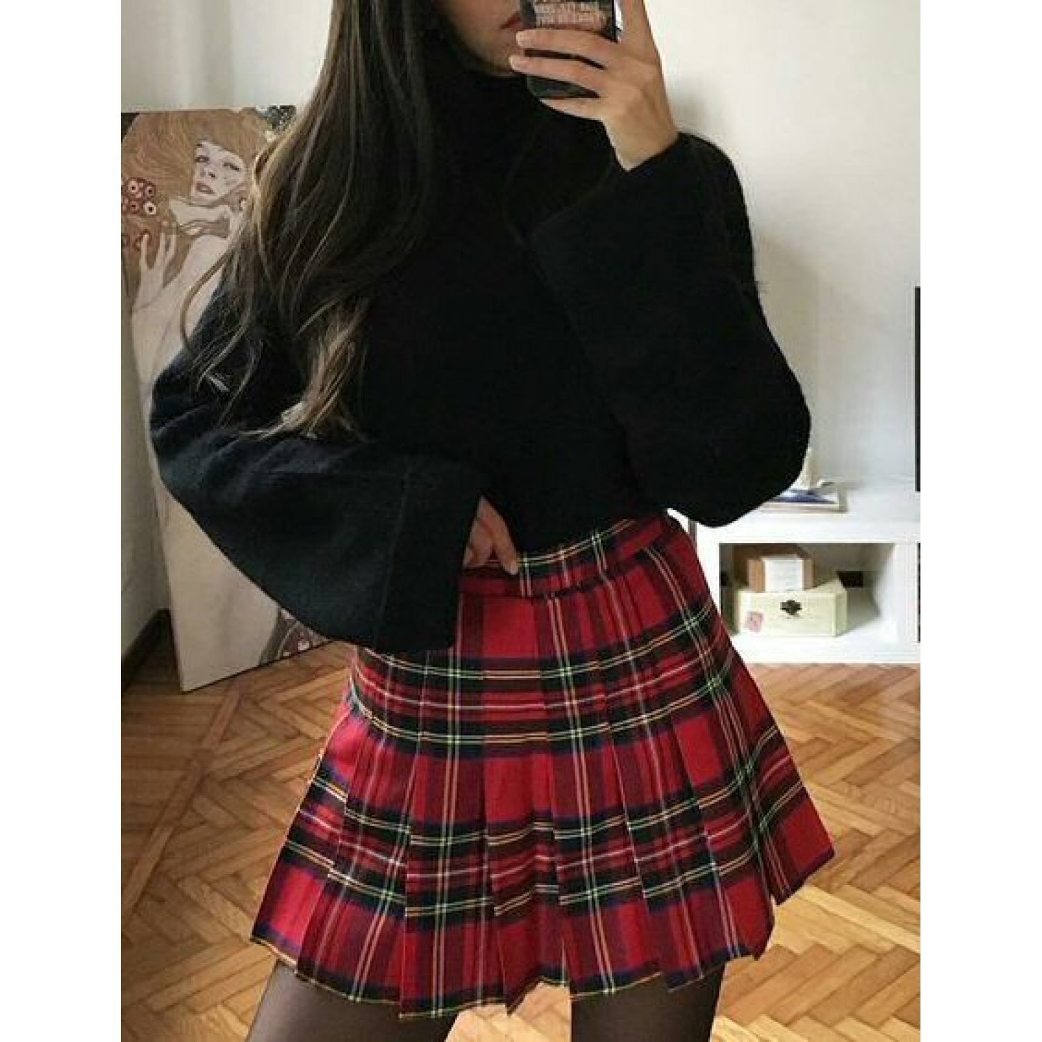 Fusta casual plisata, in carouri, scurta, rosie, Ecrin - JojoFashion.ro