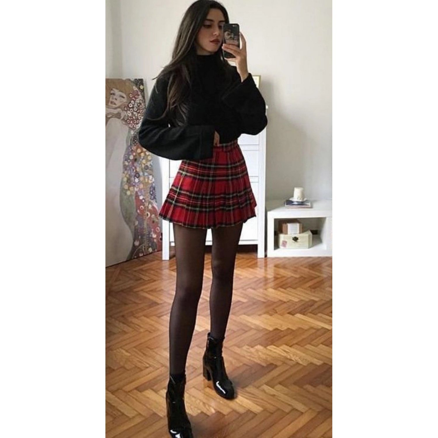 Fusta casual plisata, in carouri, scurta, rosie, Ecrin - JojoFashion.ro