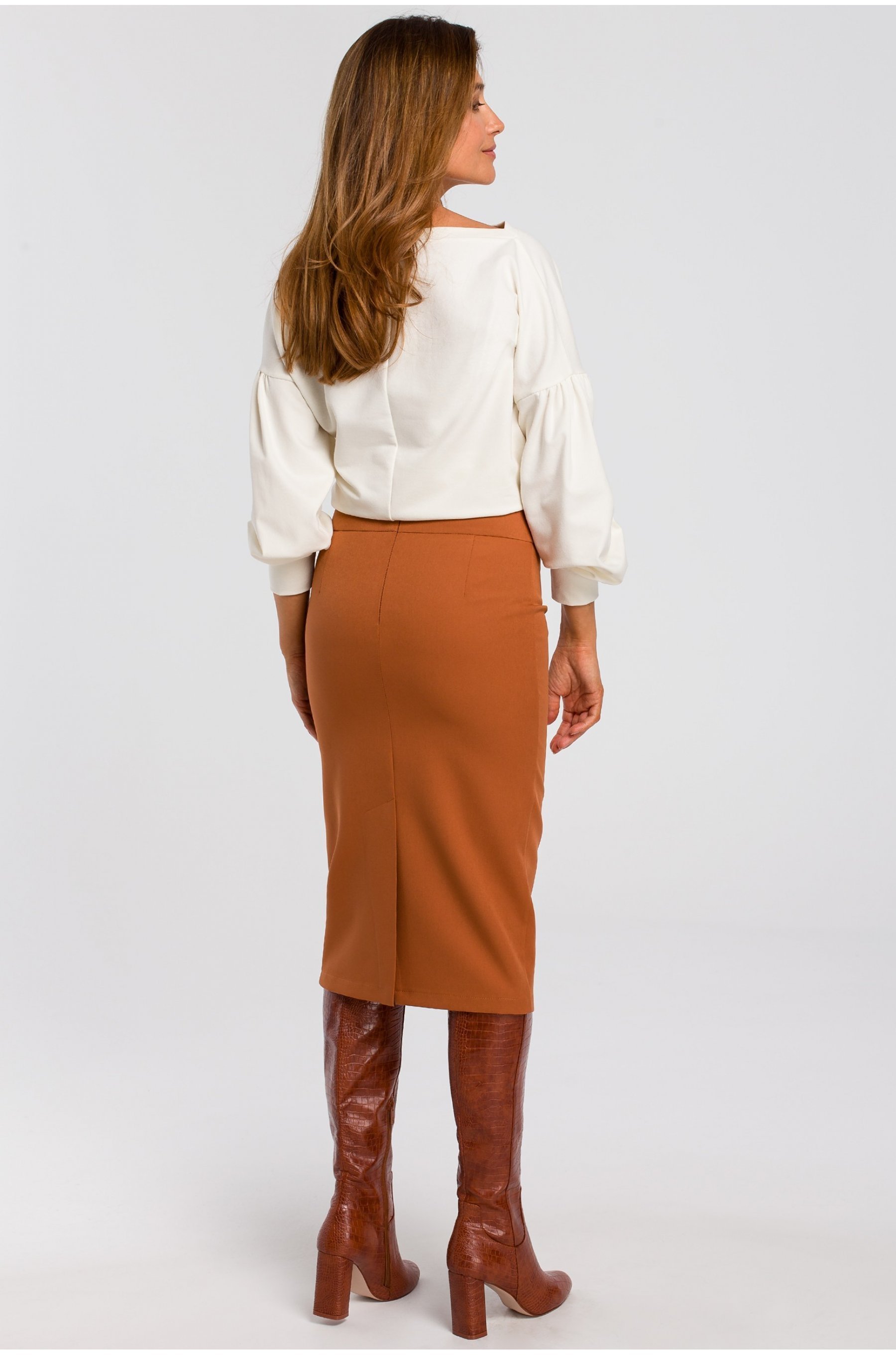 Fusta tip creion, mulata, midi, caramizie, clasica, Collie - JojoFashion.ro