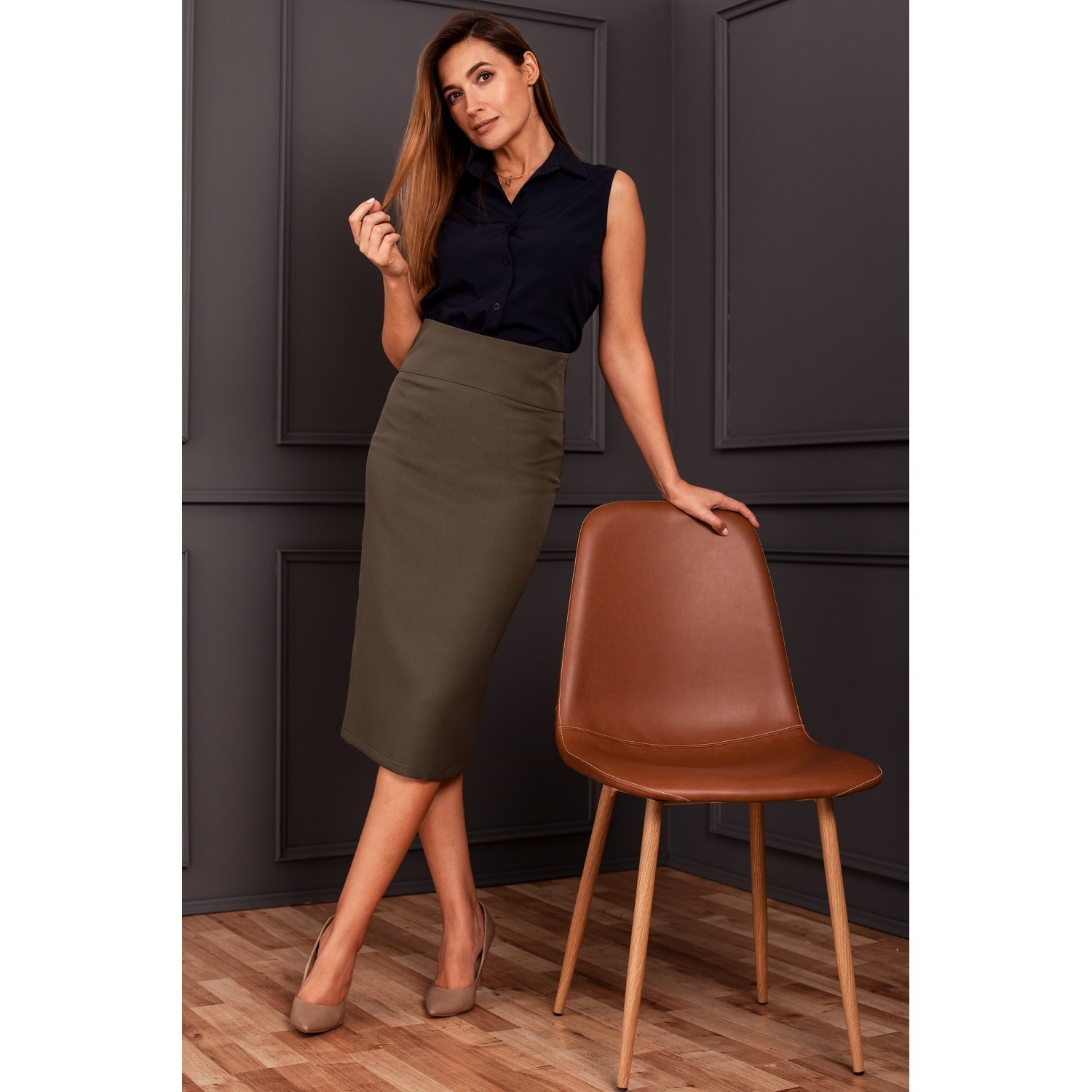 Fusta tip creion, mulata, midi, kaki, clasica, Collie - JojoFashion.ro