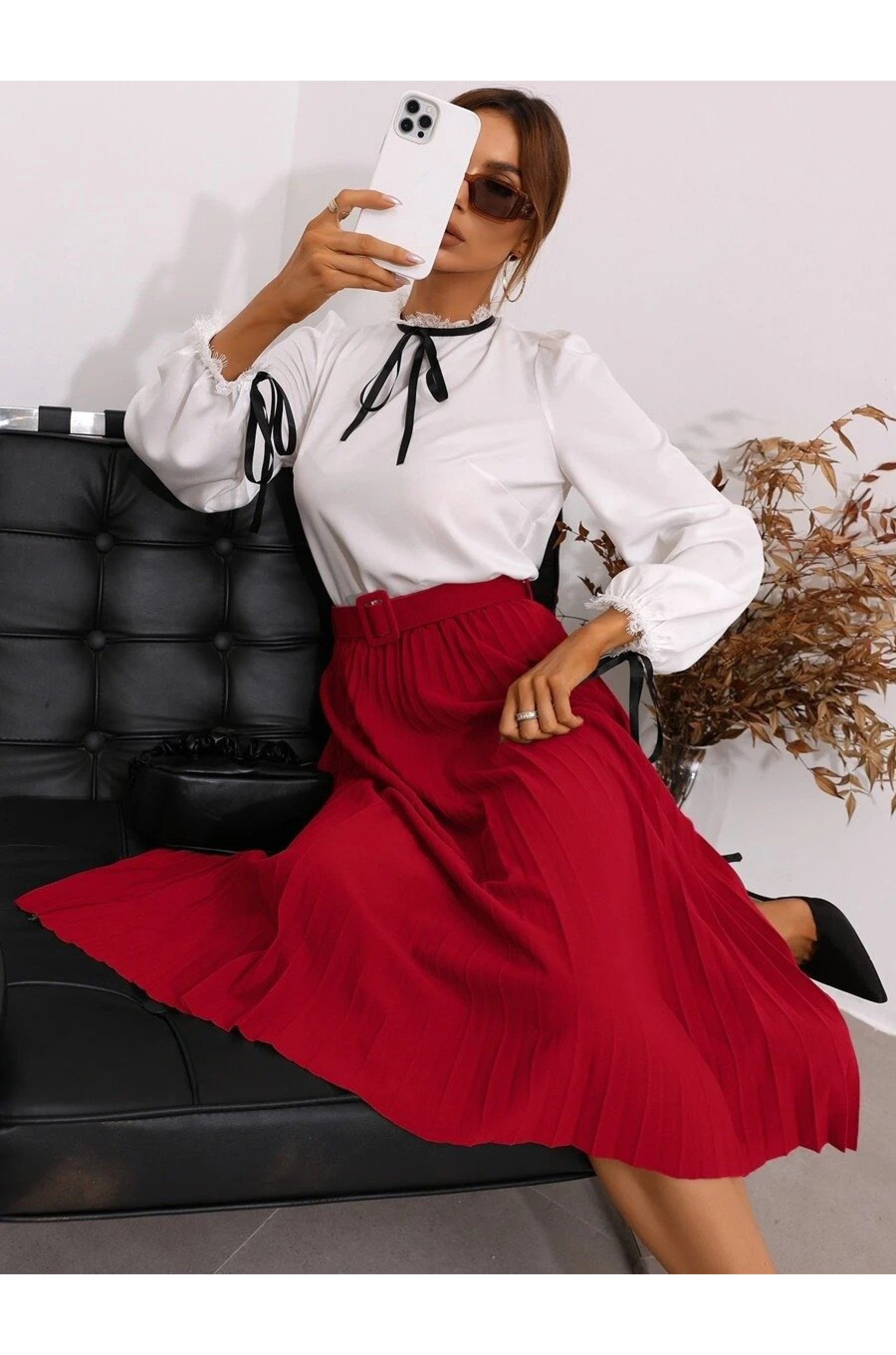 Fusta eleganta plisata, midi, rosie, Florena - JojoFashion.ro