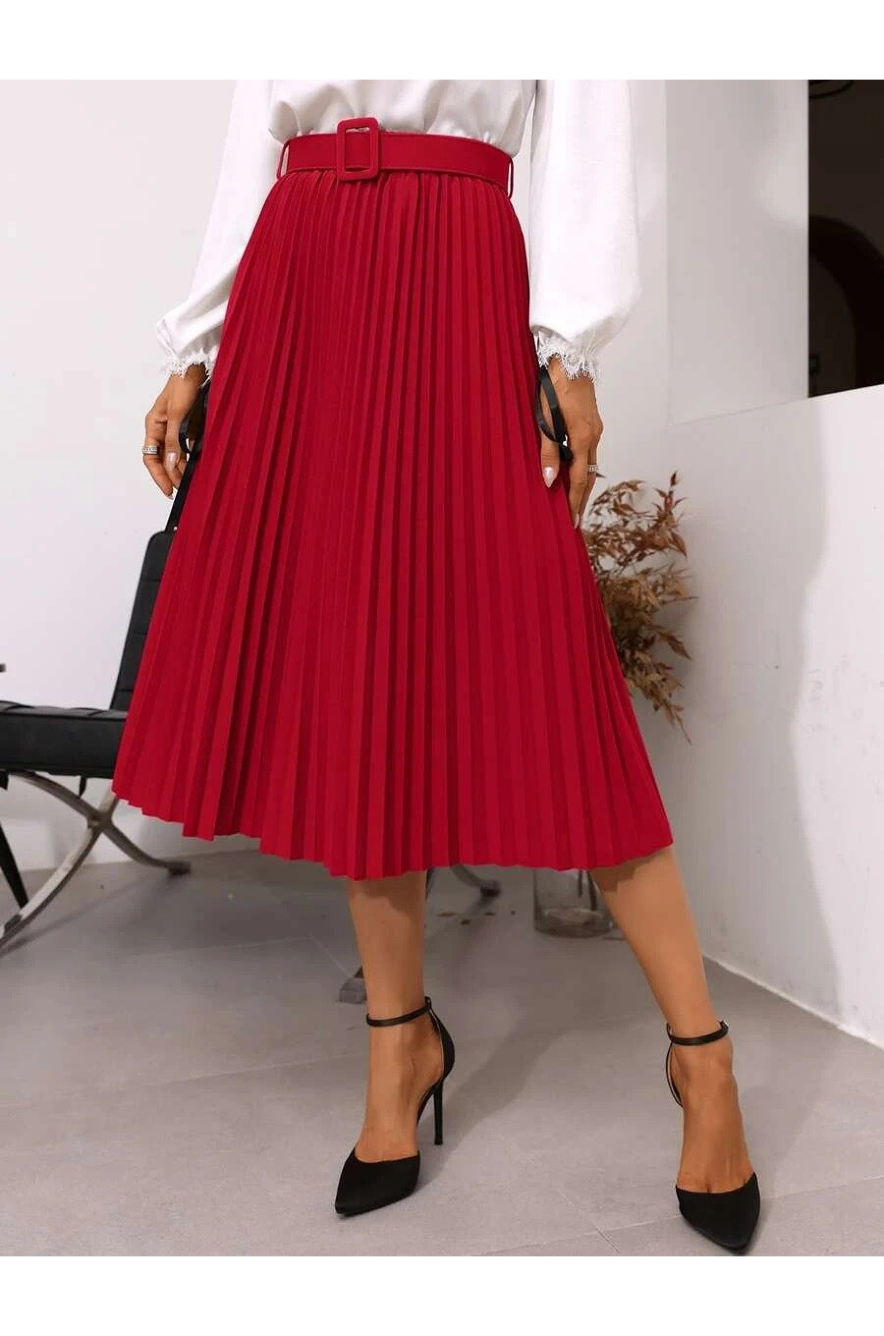 Fusta eleganta plisata, midi, rosie, Florena - JojoFashion.ro