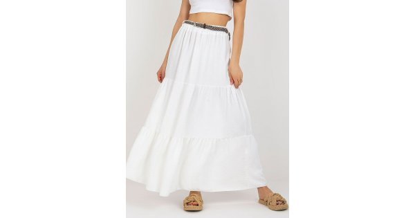 Fusta cu volane si curea, din vascoza, lunga, alba, fluida, Amrita ...
