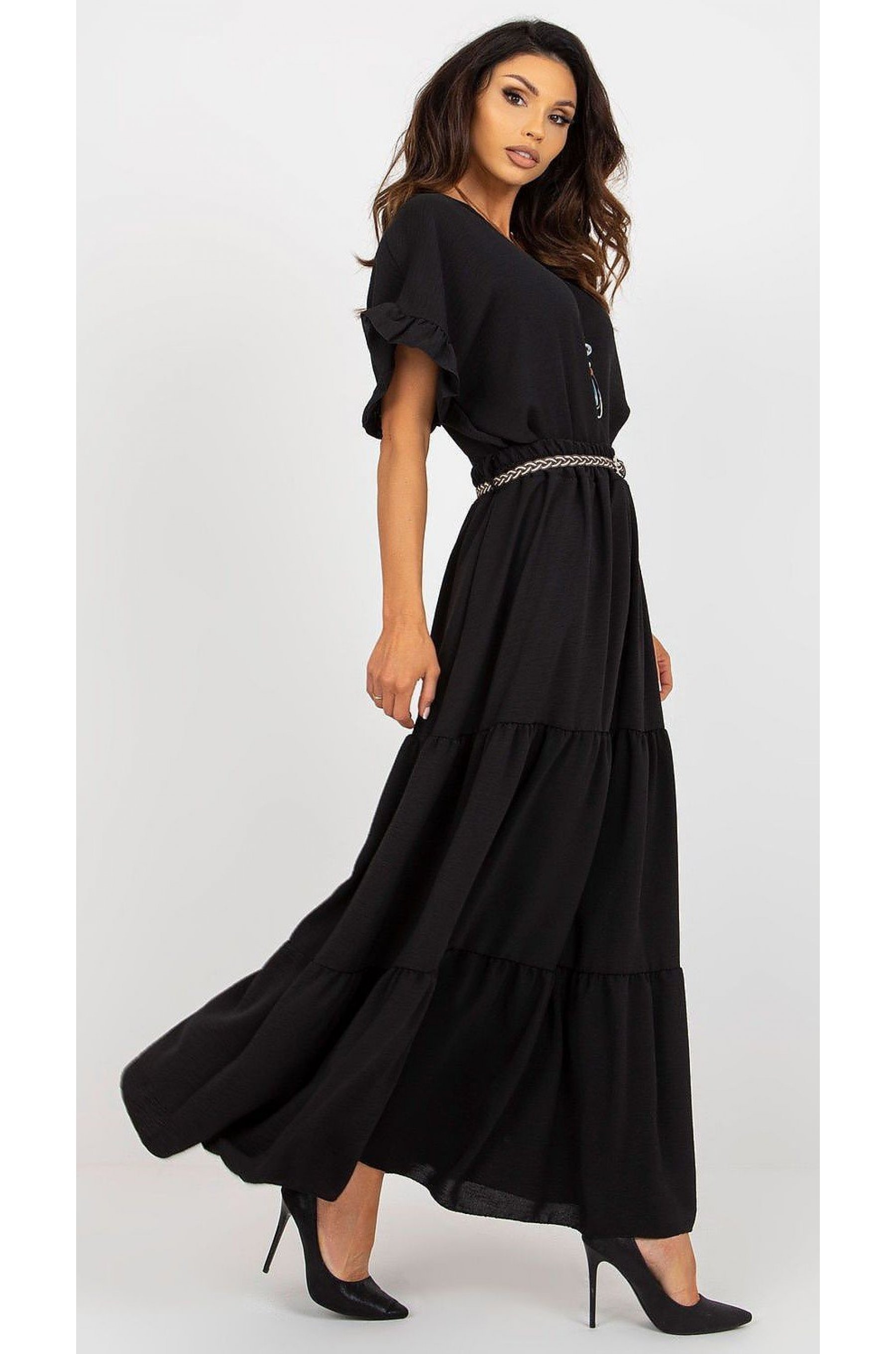 Fusta cu volane si curea, din vascoza, lunga, neagra, fluida, Amrita ...