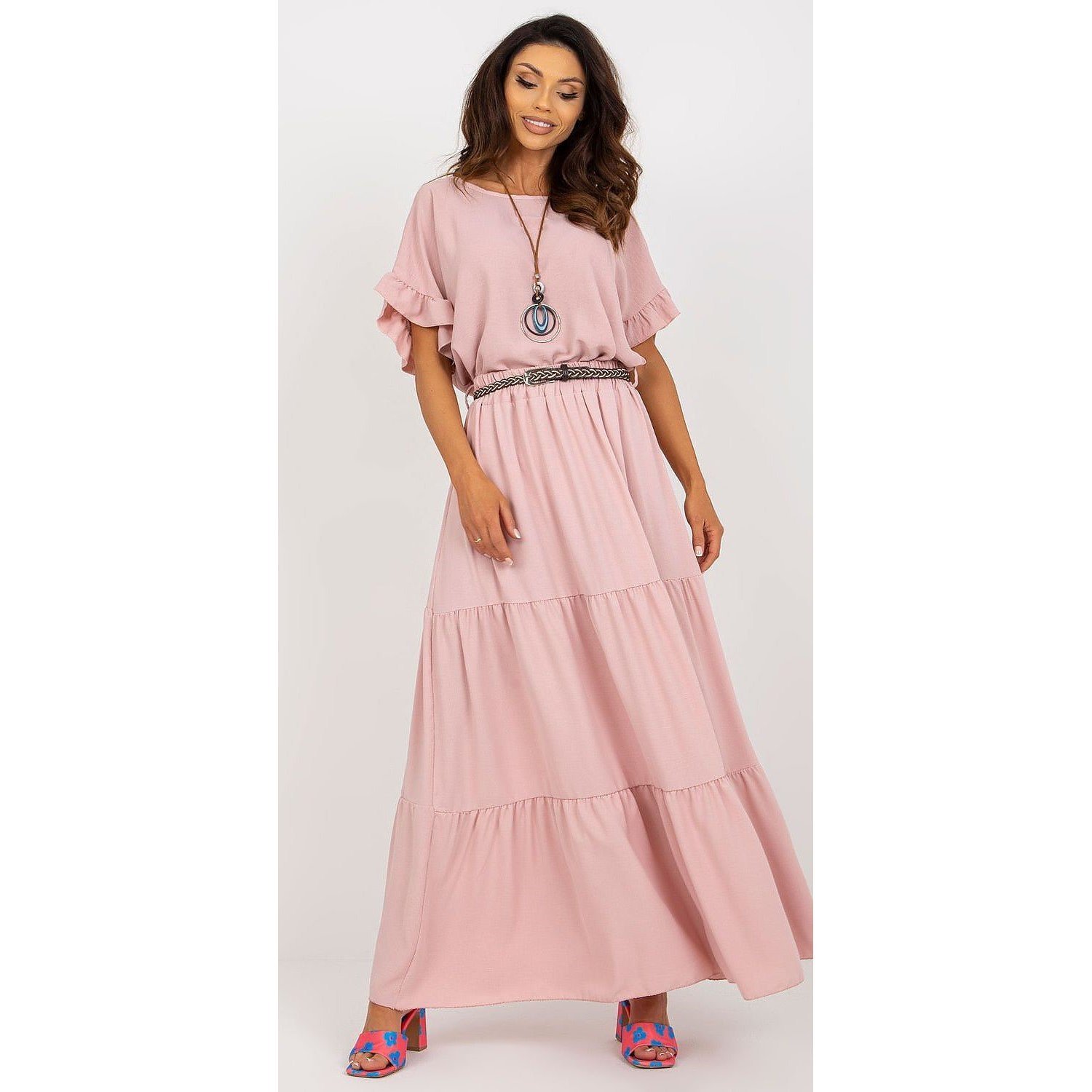 Fusta cu volane si curea, din vascoza, lunga, roz pal, fluida, Amrita ...