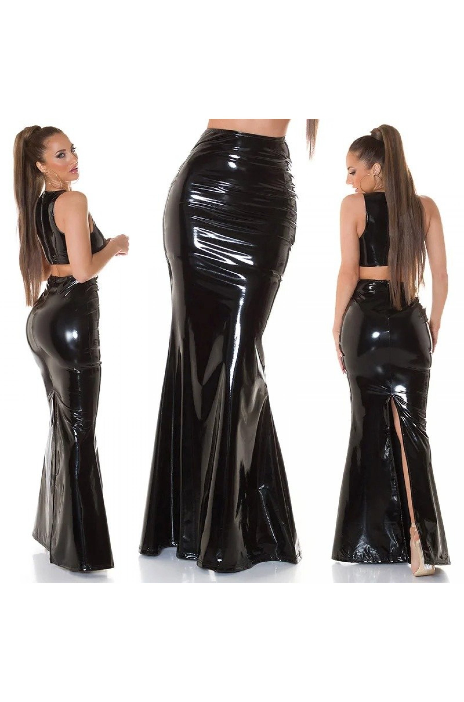 Tinuta de club top latex negru si fusta lunga Zamora - JojoFashion.ro