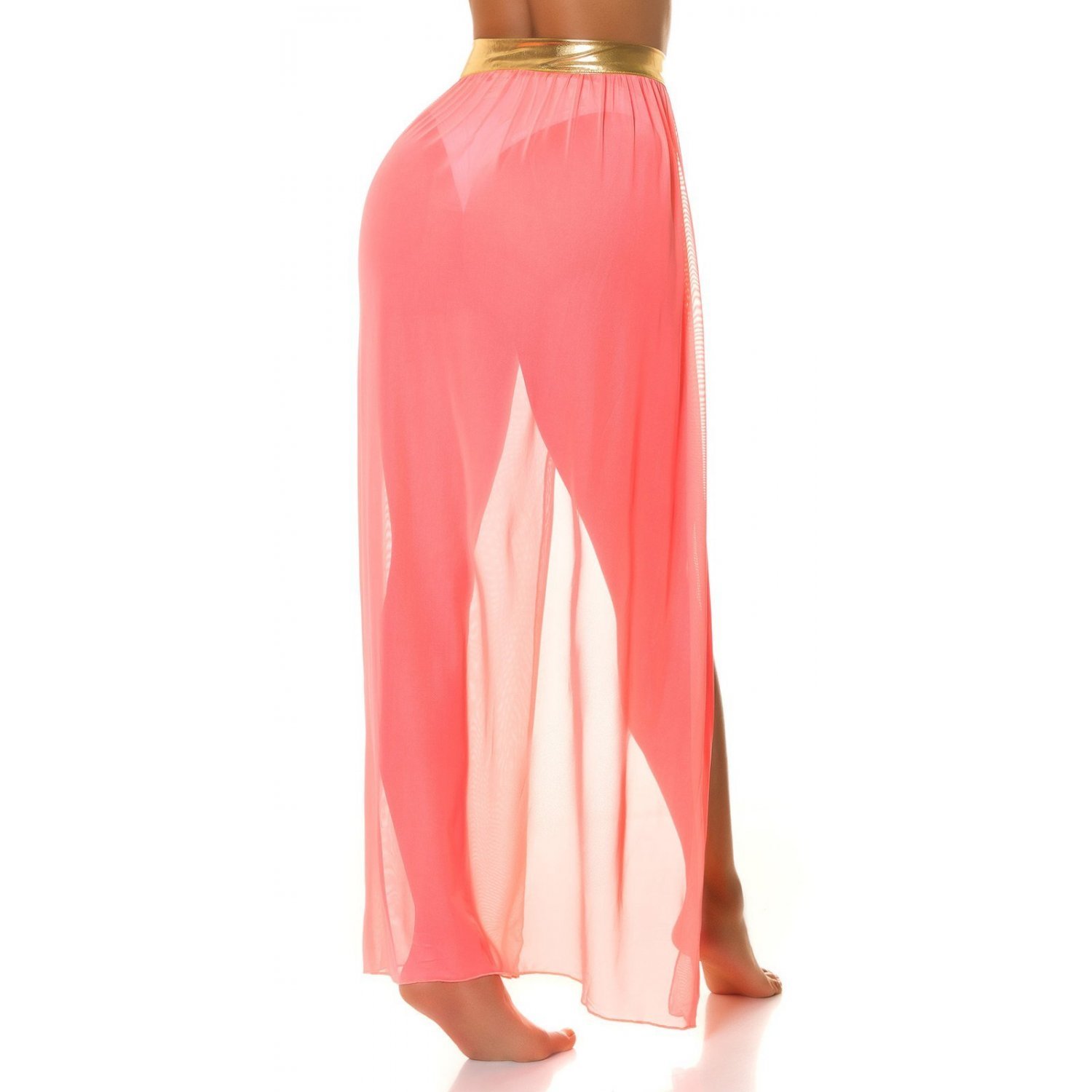 Fusta de plaja, din voal, lunga, corai neon, cu cordon auriu, despicata ...