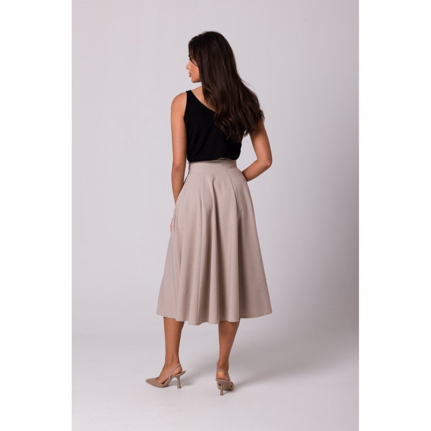 Fusta eleganta, in clos, midi, bej, cu talia inalta, Ninette ...