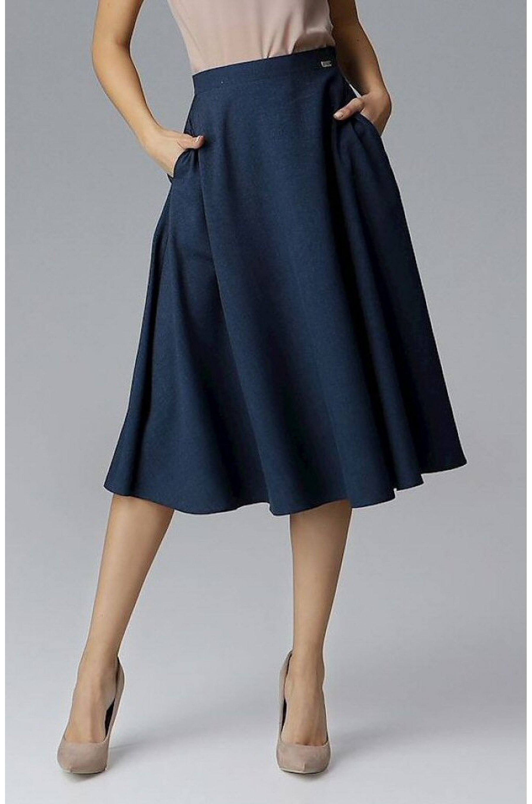 Fusta eleganta in clos, midi, bleumarin navy, cu talia inalta, Farha ...