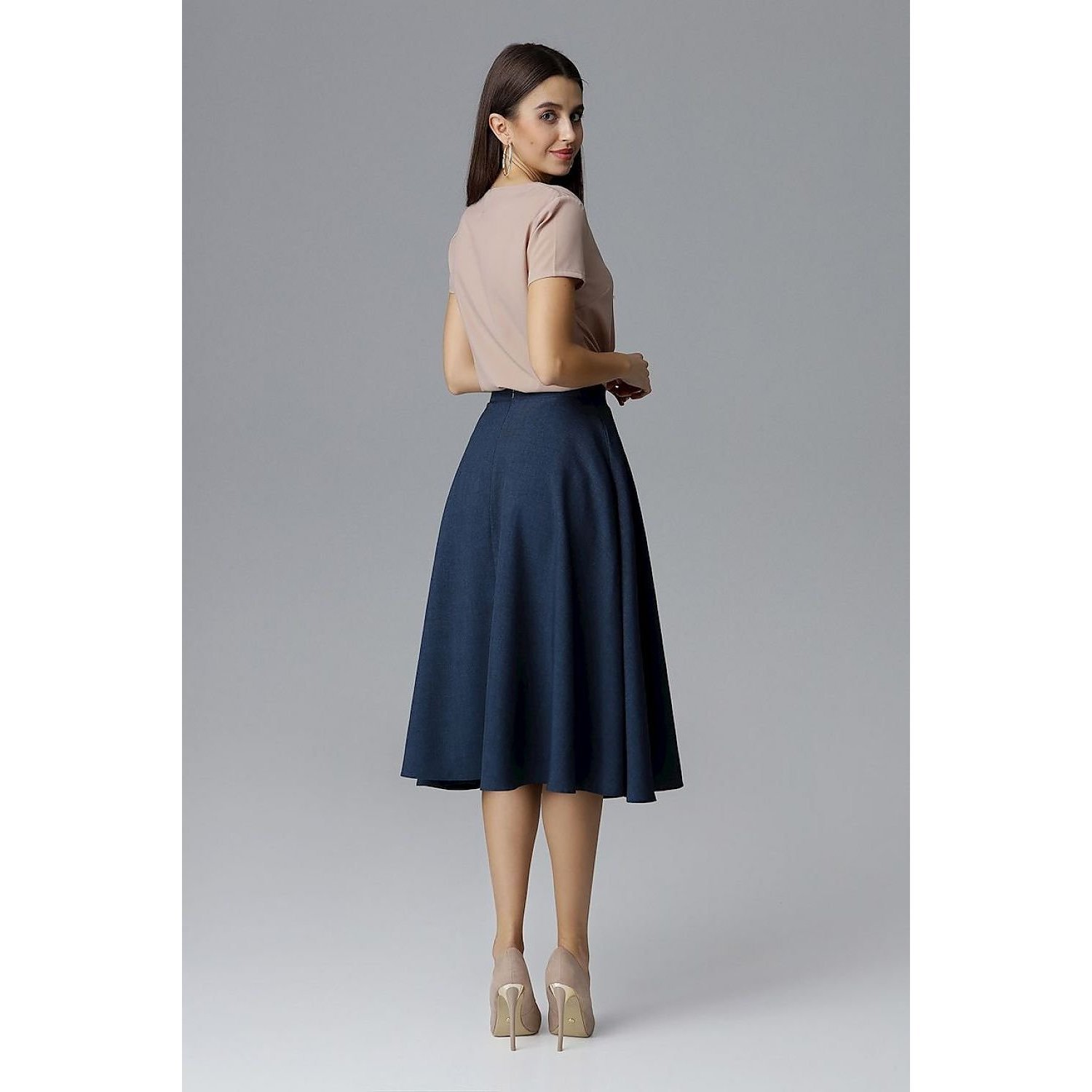 Fusta eleganta in clos, midi, bleumarin navy, cu talia inalta, Farha ...