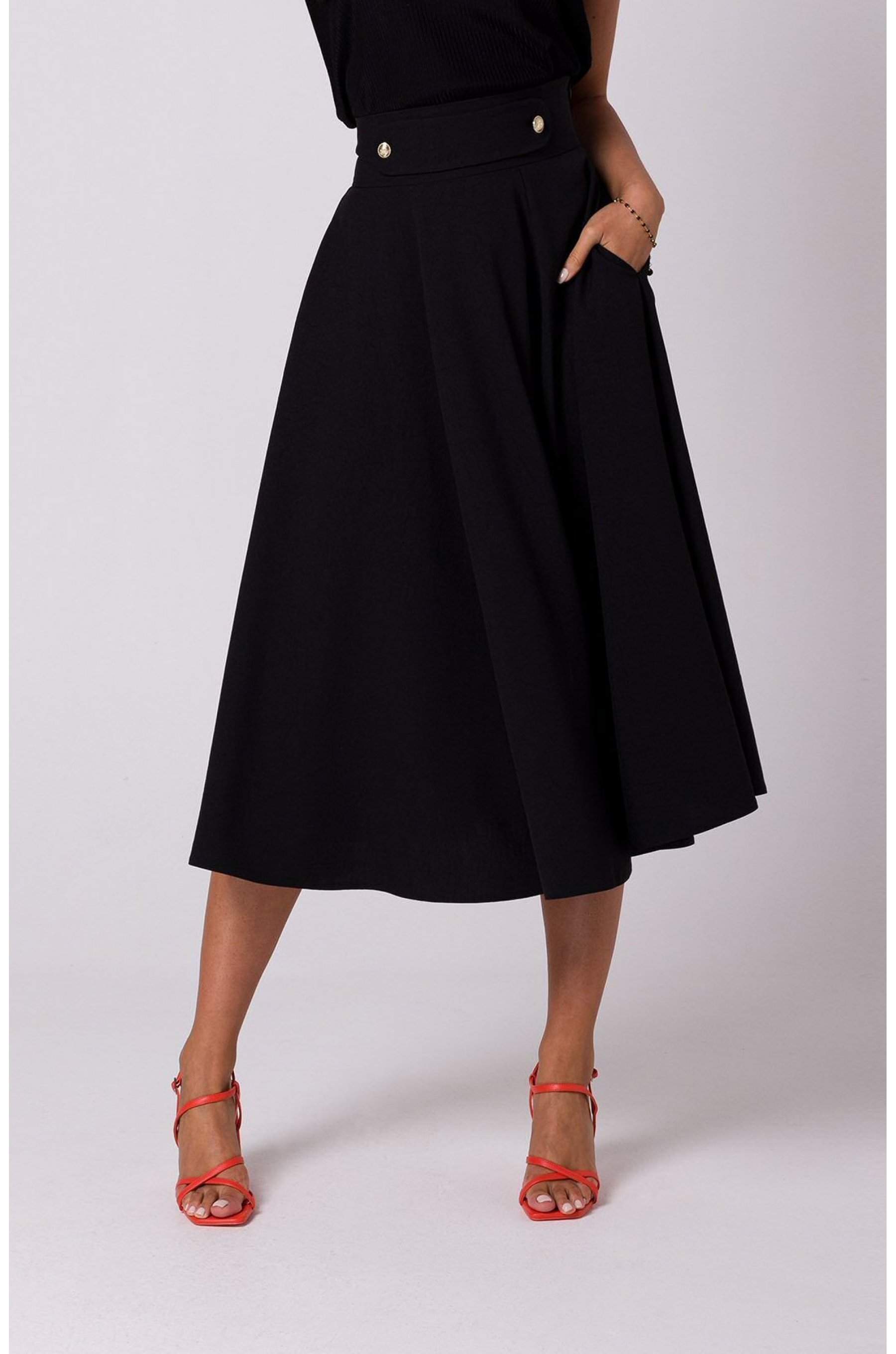 Fusta eleganta, in clos, midi, neagra, cu talia inalta, Ninette ...