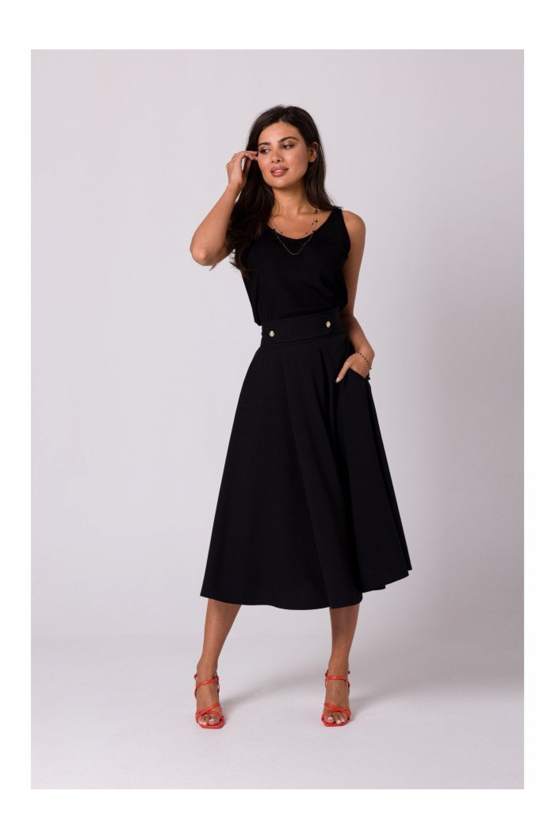 Fusta eleganta, in clos, midi, neagra, cu talia inalta, Ninette ...