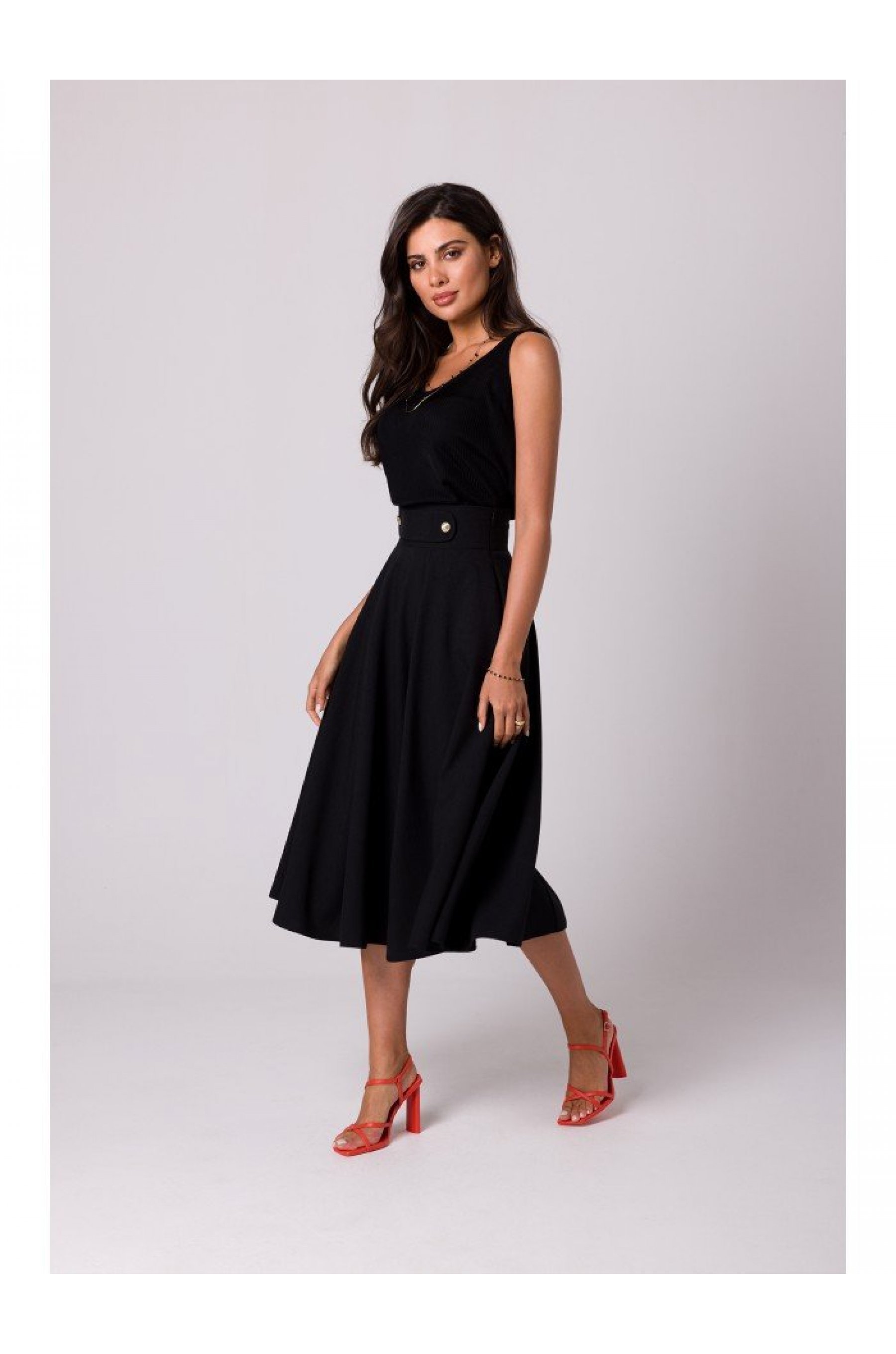 Fusta eleganta, in clos, midi, neagra, cu talia inalta, Ninette ...