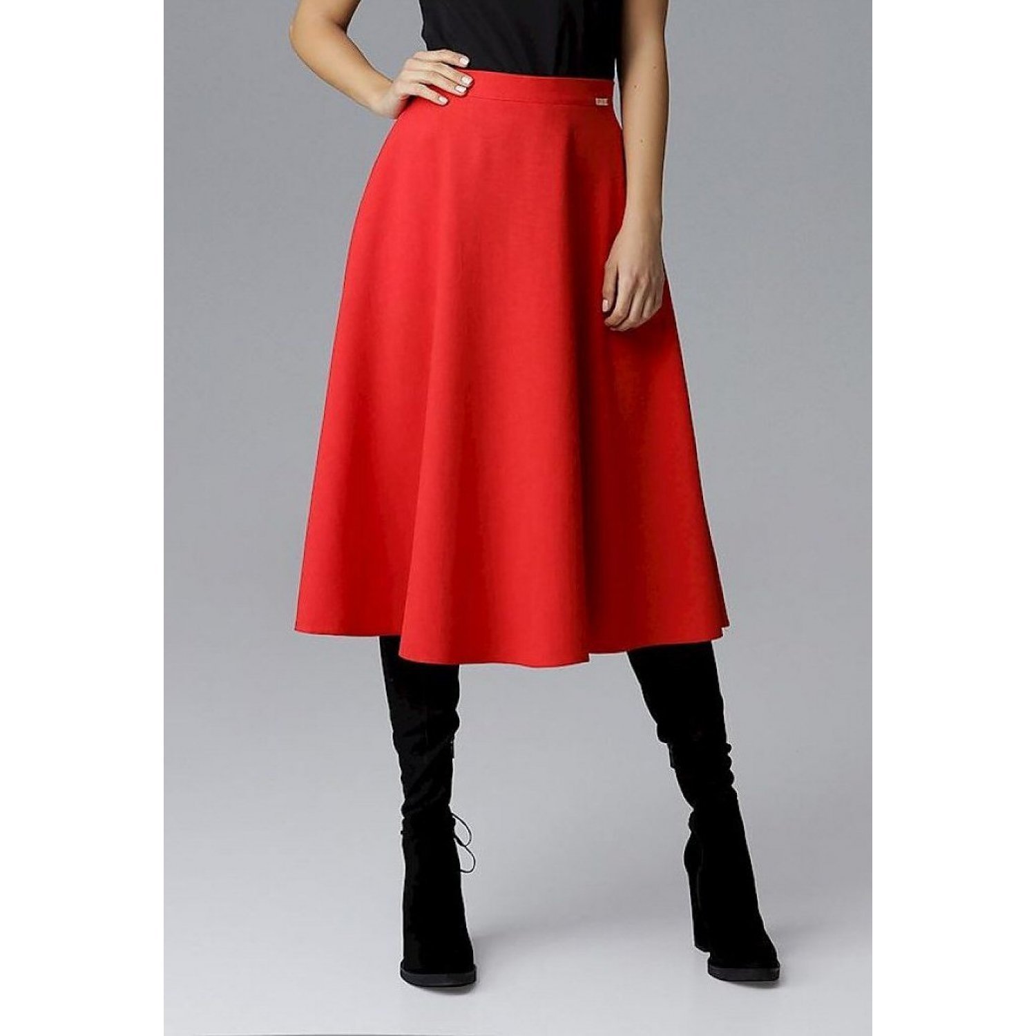 Fusta eleganta in clos, midi, rosie, cu talia inalta, Farha ...