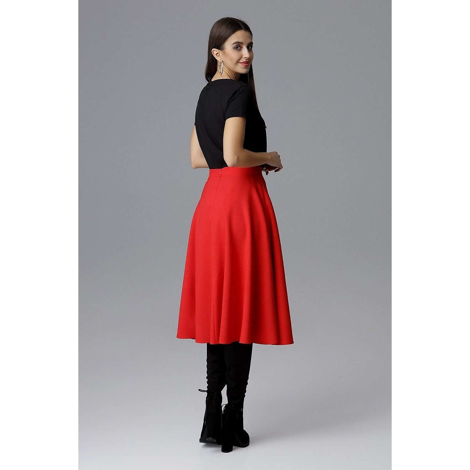 Fusta eleganta in clos, midi, rosie, cu talia inalta, Farha ...