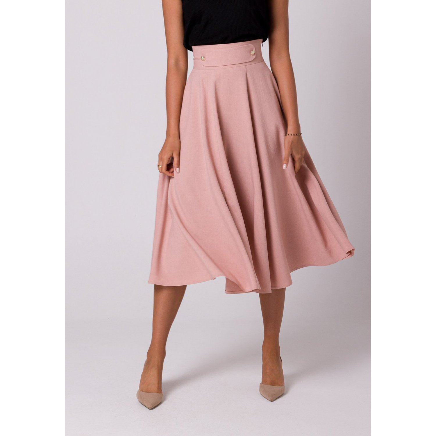 Fusta eleganta, in clos, midi, roz pudra, cu talia inalta, Ninette ...