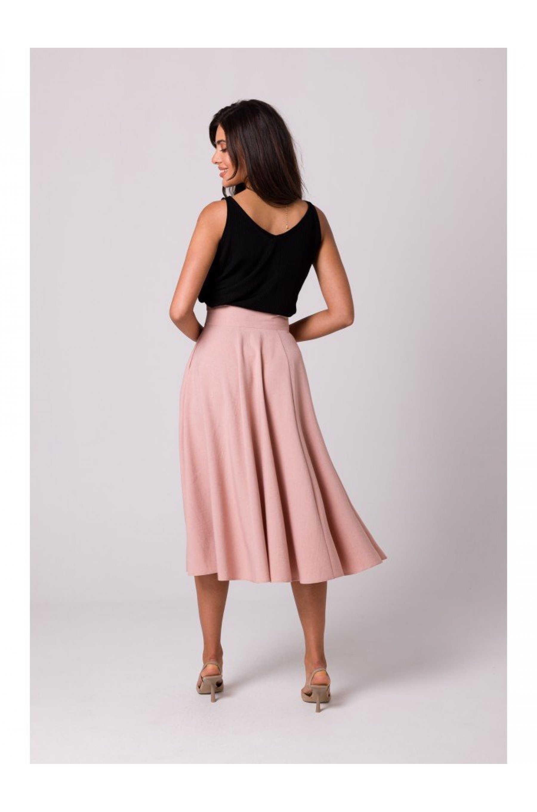 Fusta eleganta, in clos, midi, roz pudra, cu talia inalta, Ninette ...