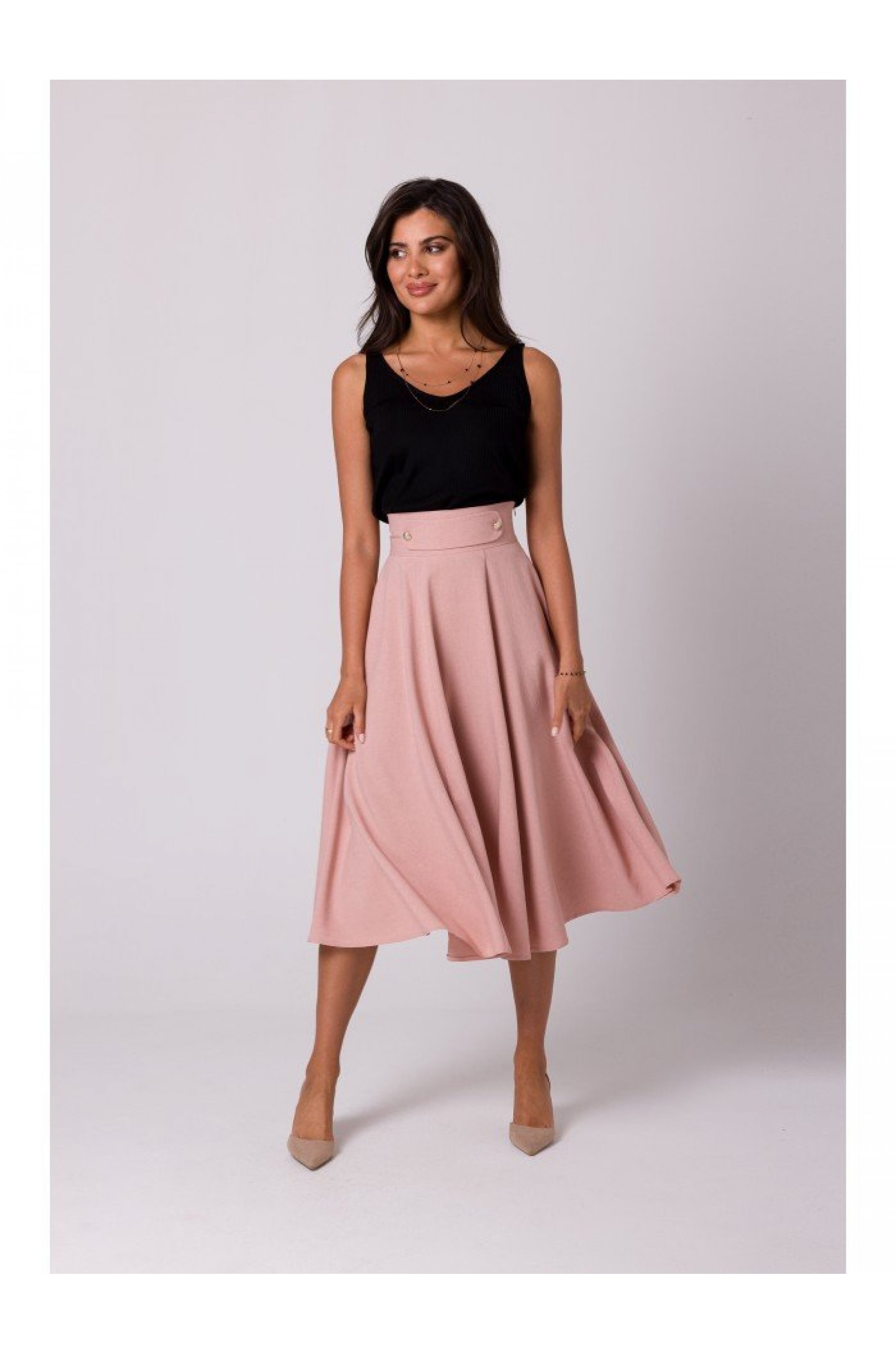 Fusta eleganta, in clos, midi, roz pudra, cu talia inalta, Ninette ...