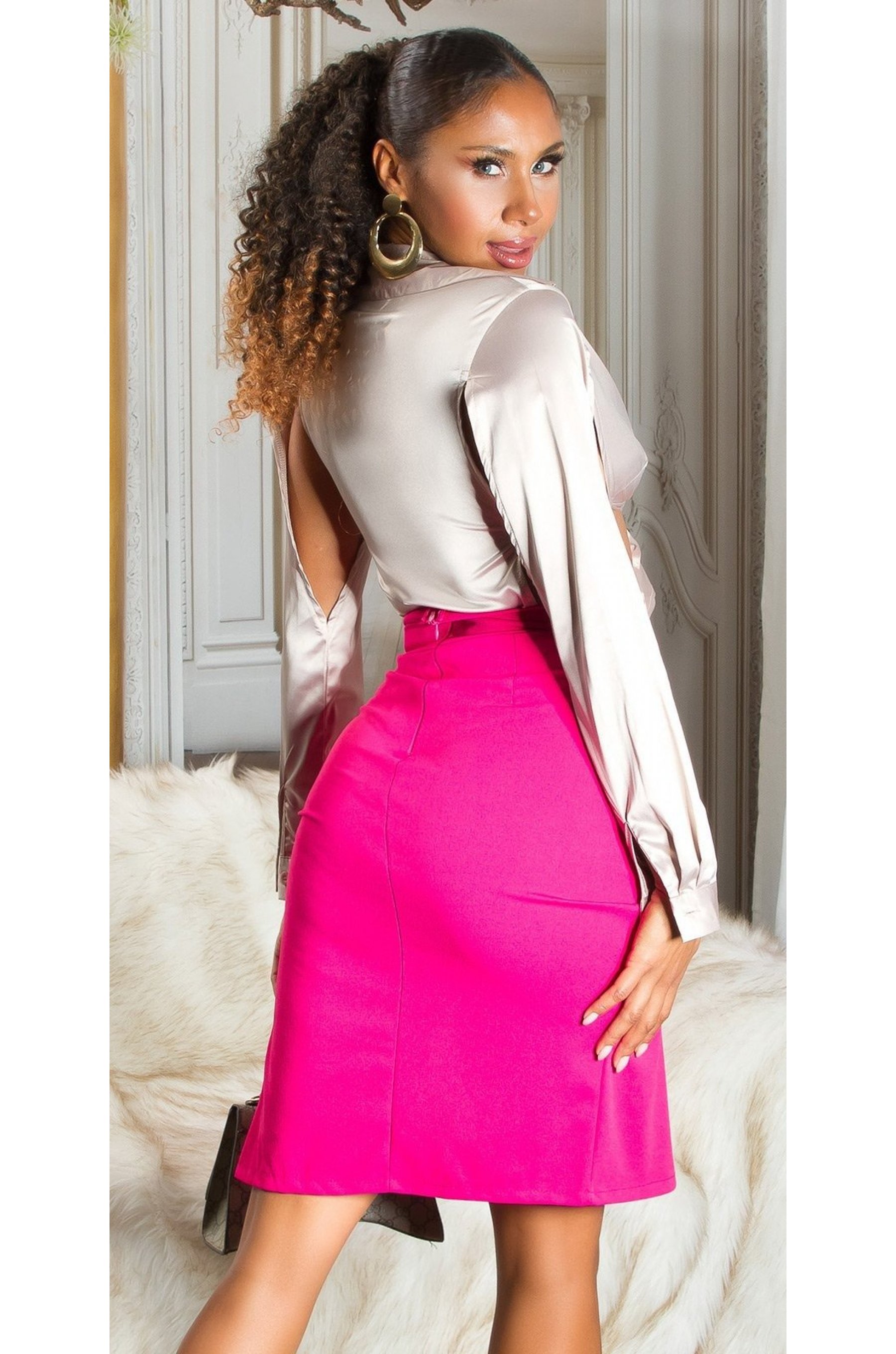 Fusta eleganta midi, roz fucsia, crapata pe picior Miray - JojoFashion.ro