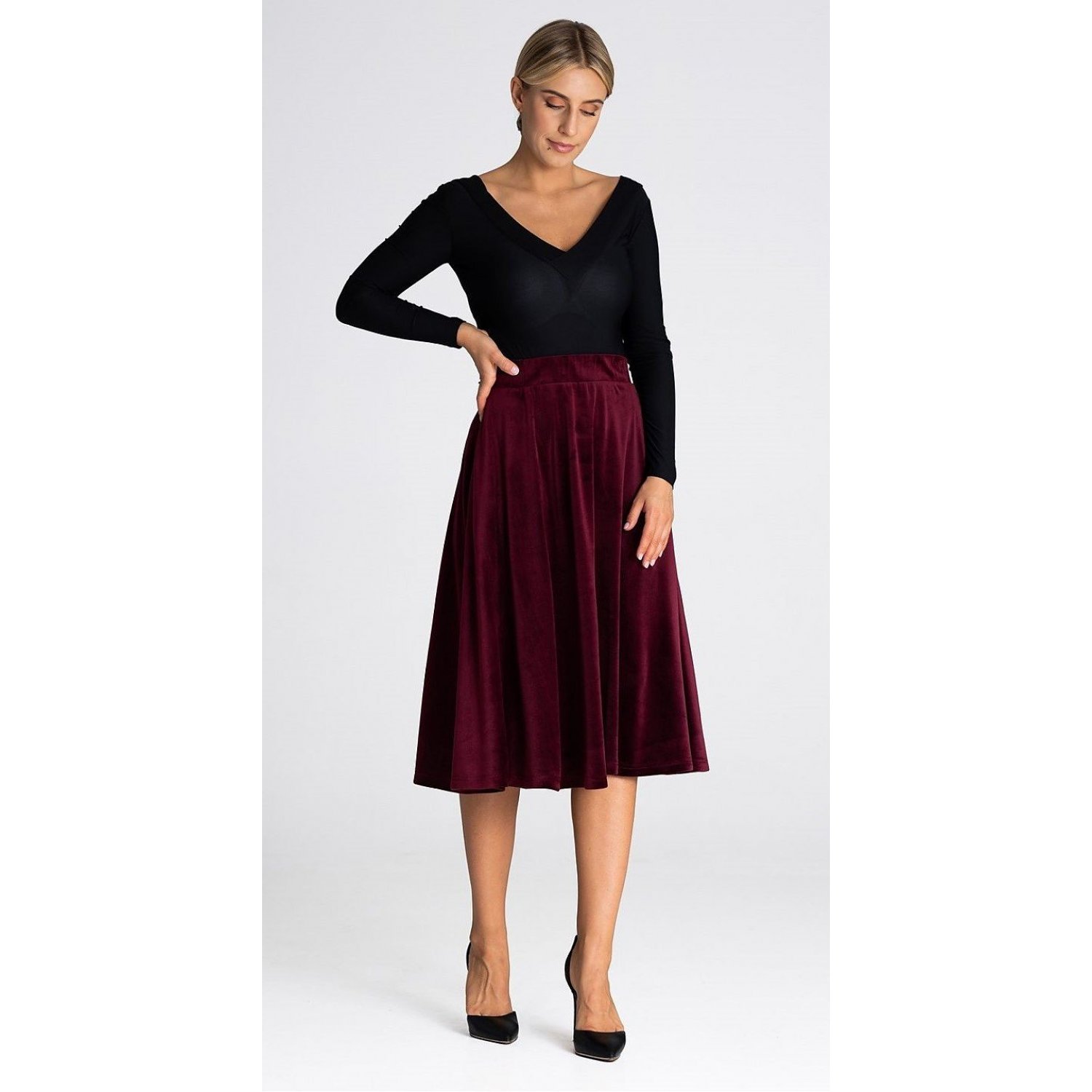 Fusta evazata din catifea, midi, burgundy, cu talia inalta si buzunare ...