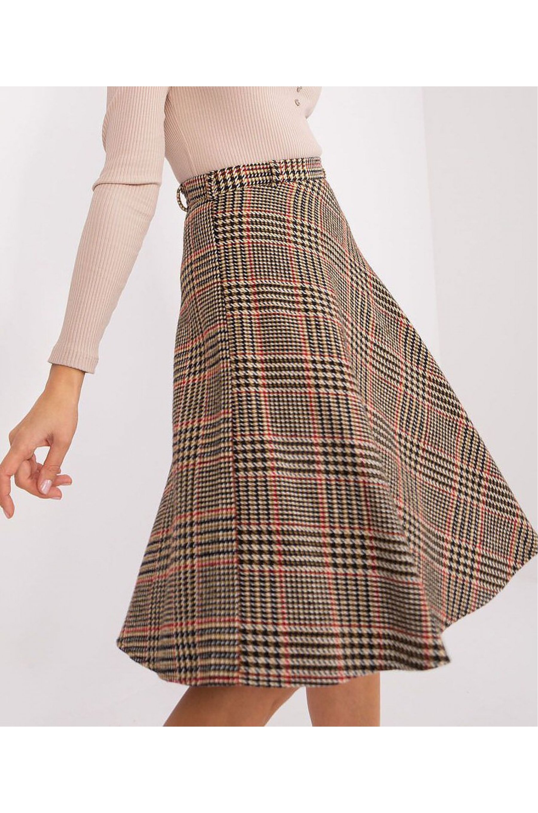 Fusta evazata in carouri, din bumbac si acril, midi, maro, Lilisa ...