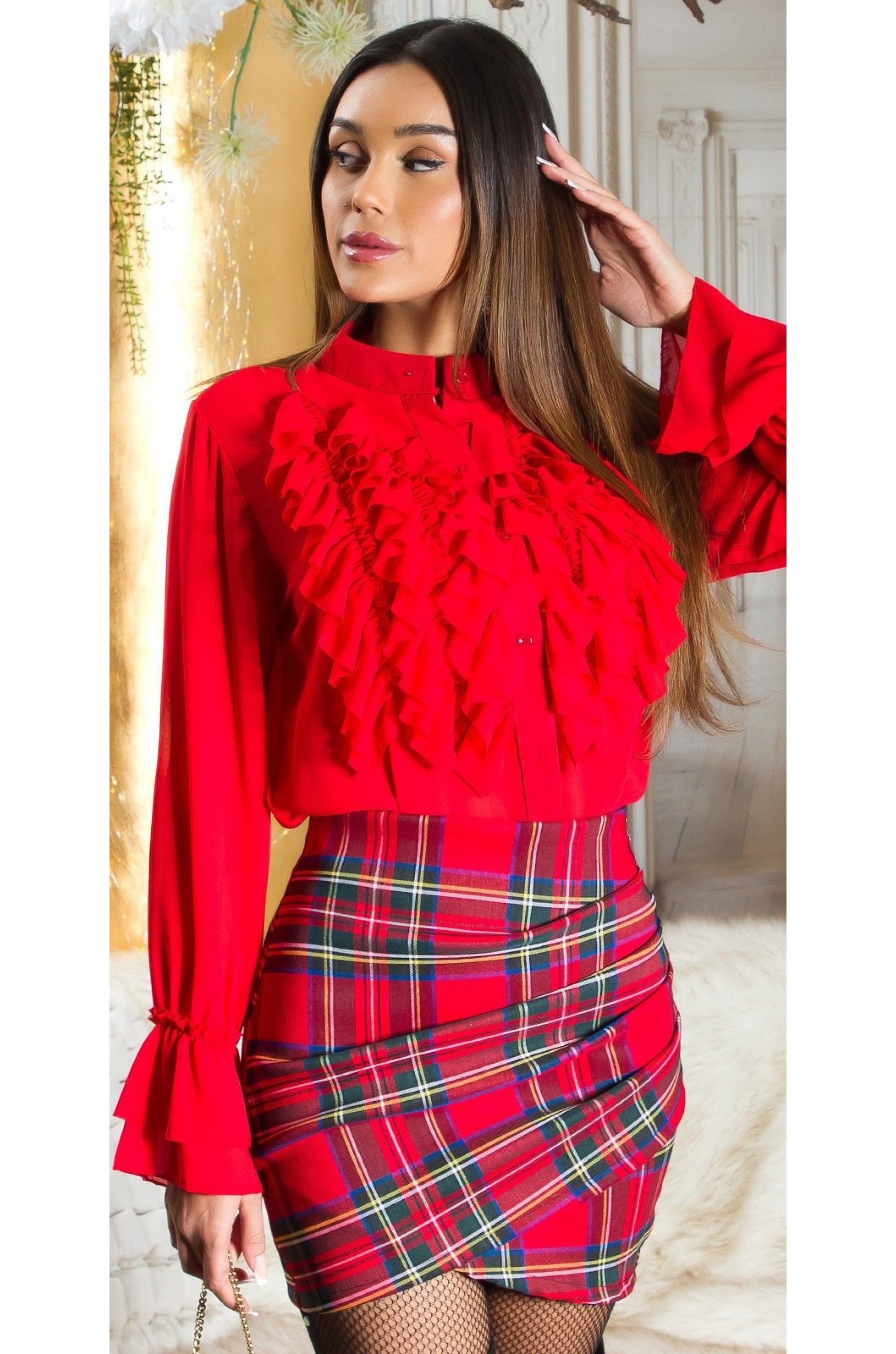 Fusta mulata scurta, in carouri, rosie, petrecuta, drapata, Sassy ...