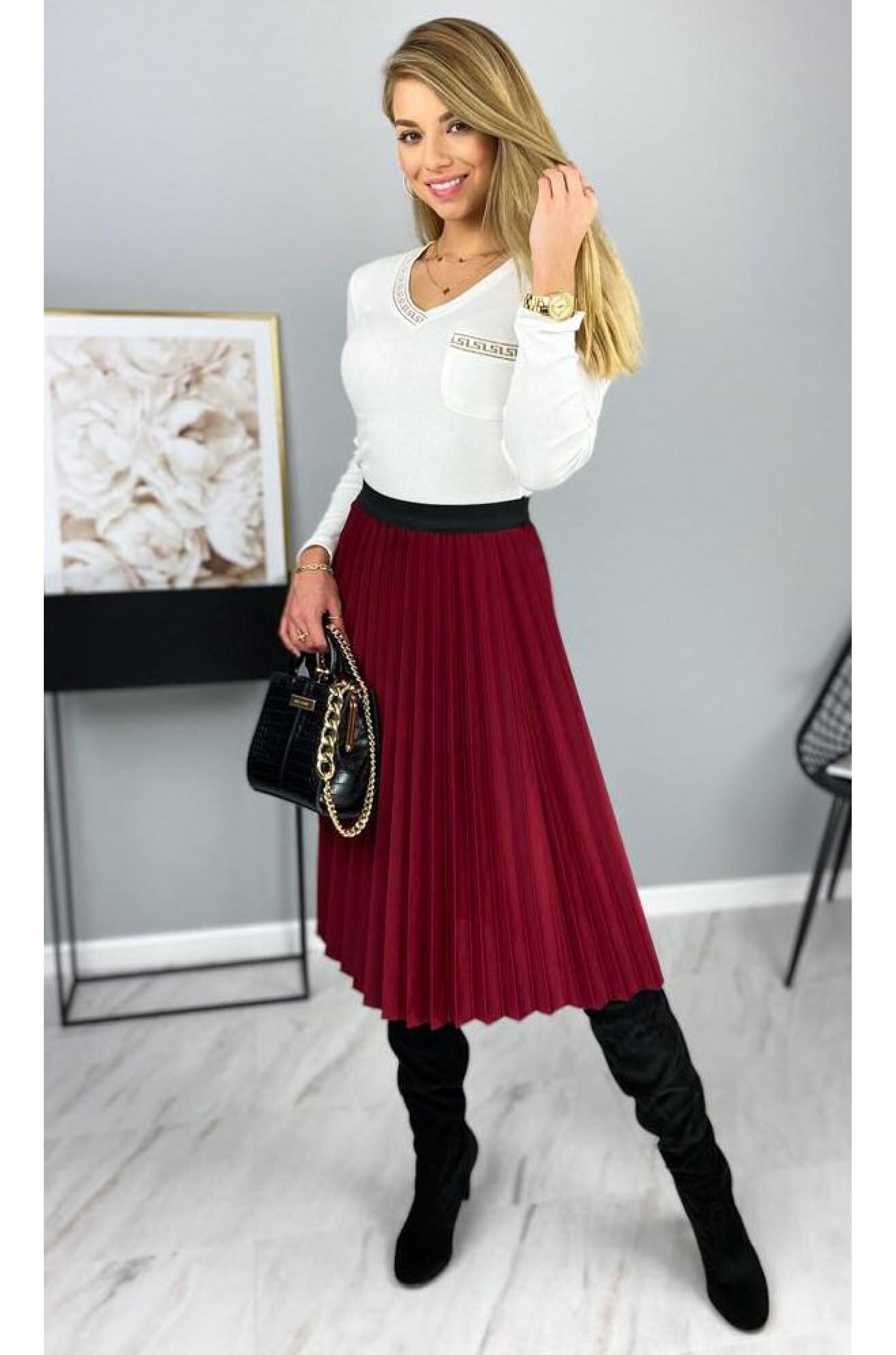Fusta plisata midi, burgundy, eleganta Darinka - JojoFashion.ro