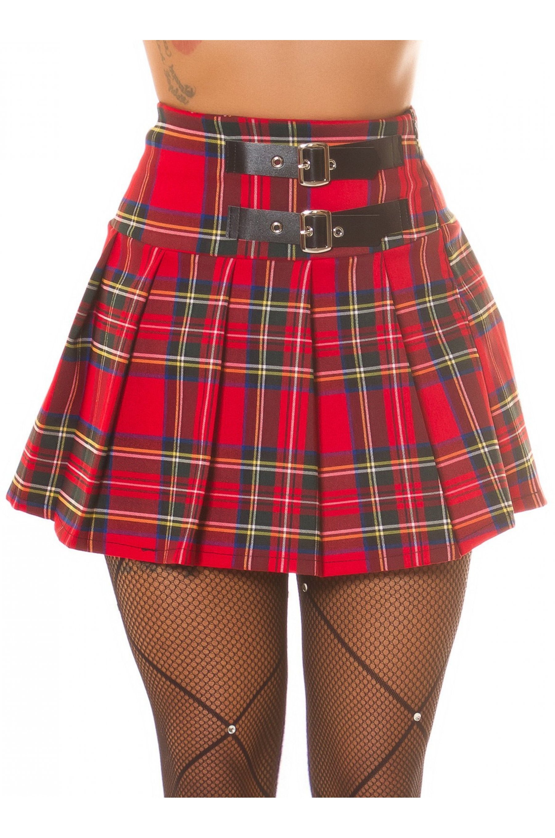 Fusta plisata scurta in carouri, rosie, cu catarame din piele, Babs ...