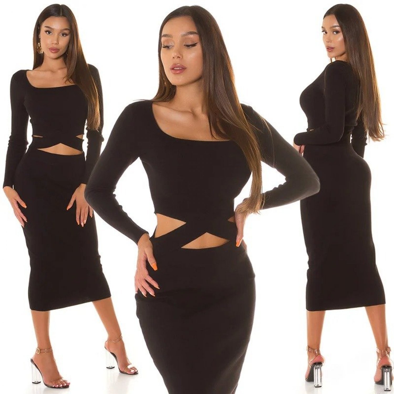 Set elegant fusta si bluza vascoza neagra Kambrija - JojoFashion.ro