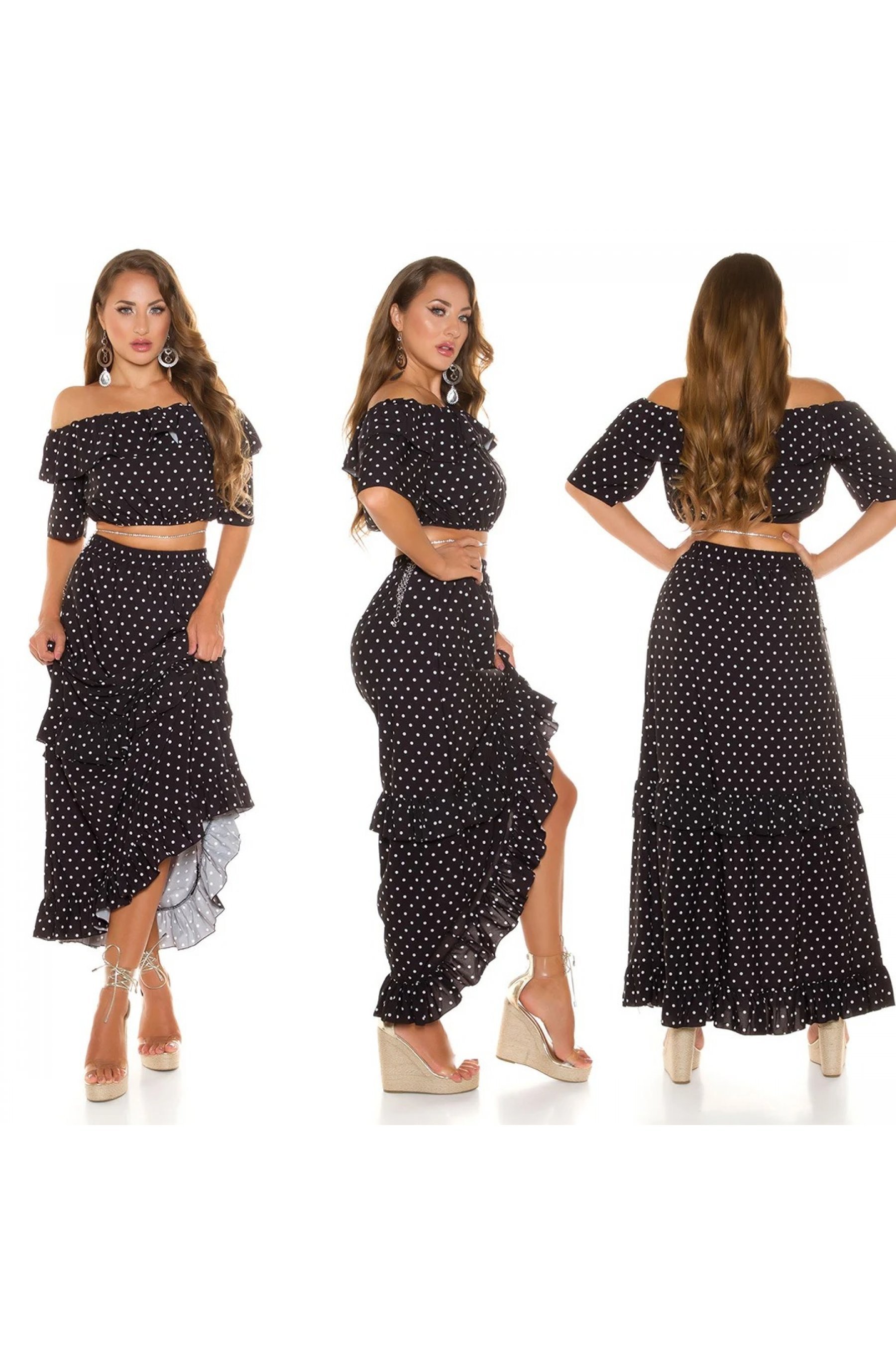 Tinuta din piese, neagra cu bulinute albe, fusta lunga si top ...