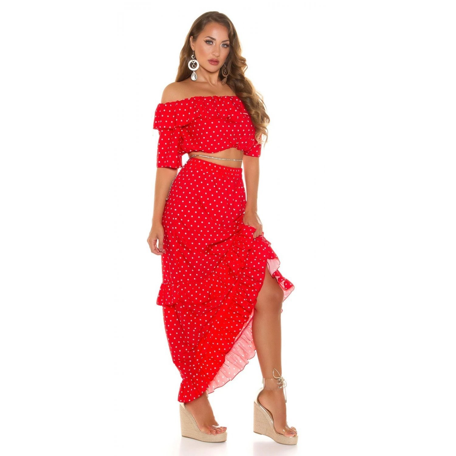 Set fusta lunga rosie cu bulinute albe si top Esmeralda - JojoFashion.ro