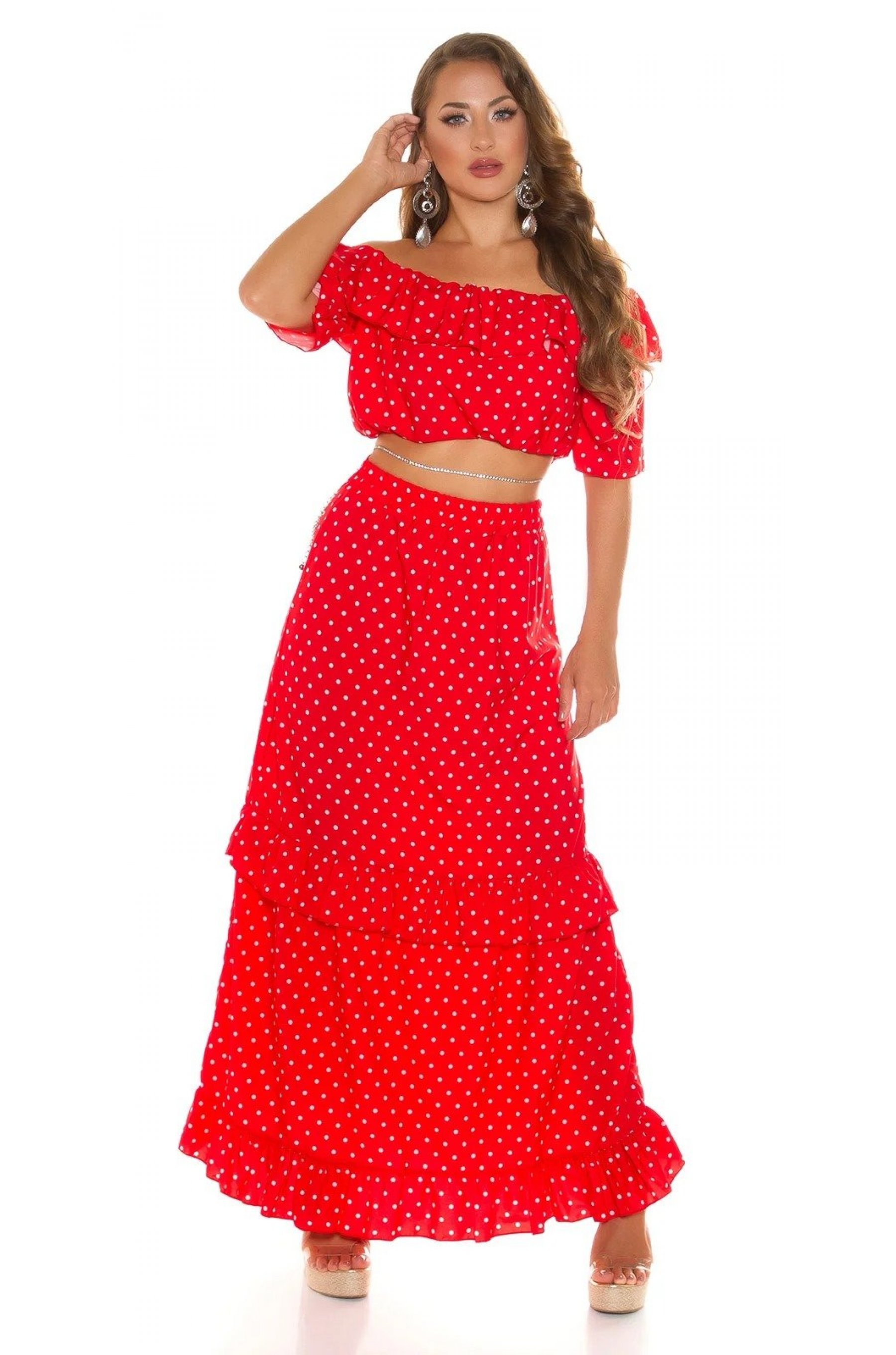 Set fusta lunga rosie cu bulinute albe si top Esmeralda - JojoFashion.ro