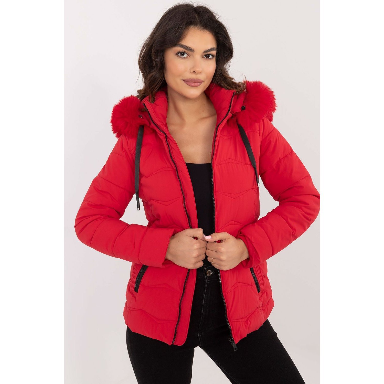 Geaca dama de iarna matlasata, rosie, cu gluga si blanita, Idana ...