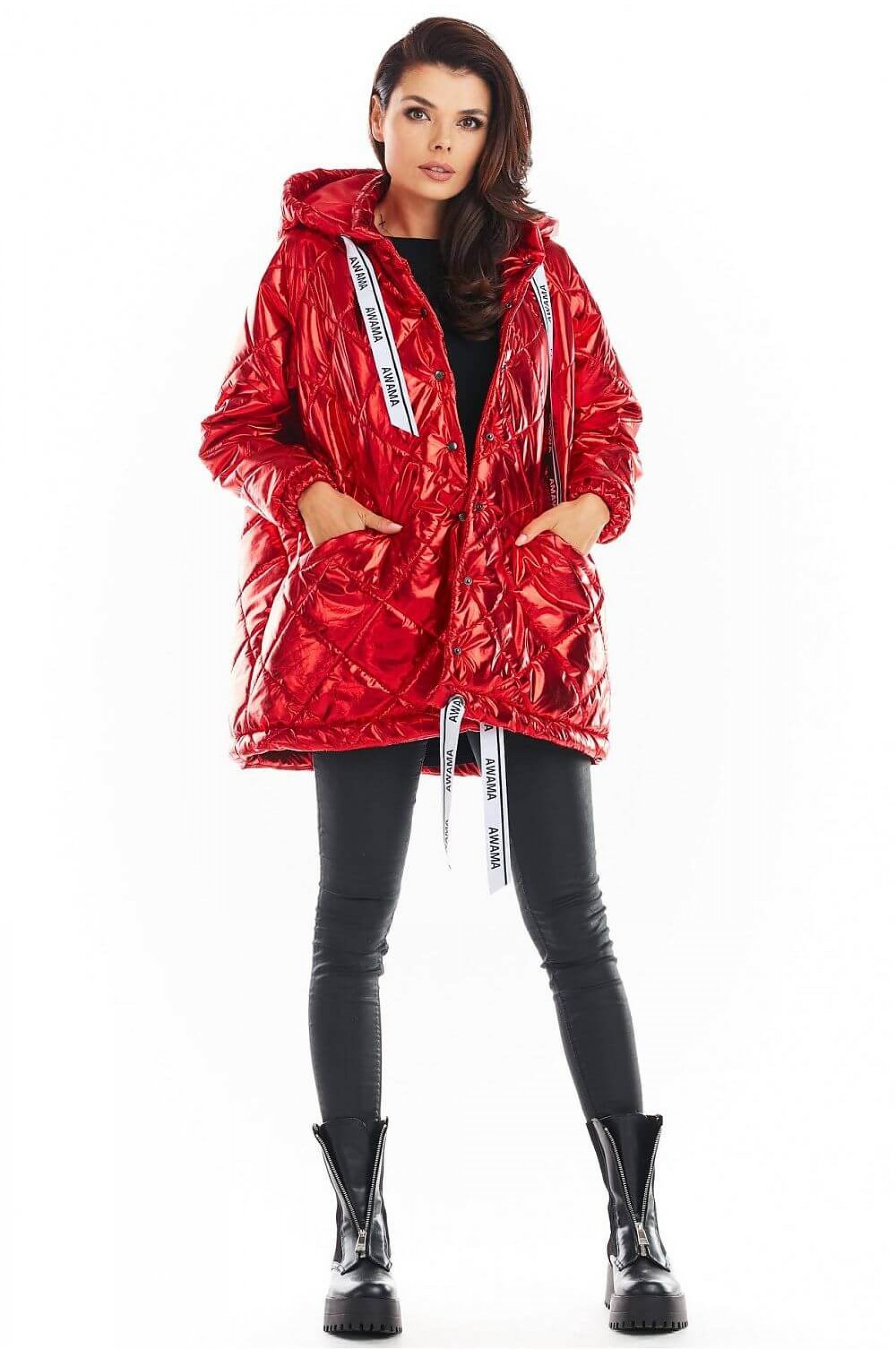 Geaca dama de iarna, matlasata, lucioasa, rosie, cu gluga, Bianca ...