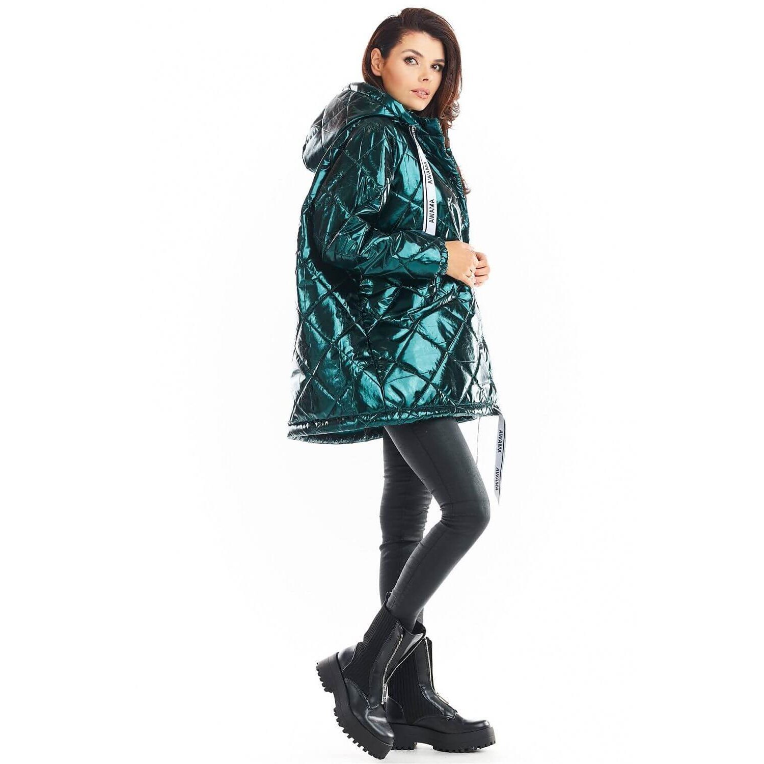 Geaca dama de iarna, lucioasa, verde, cu gluga, Bianca - JojoFashion.ro