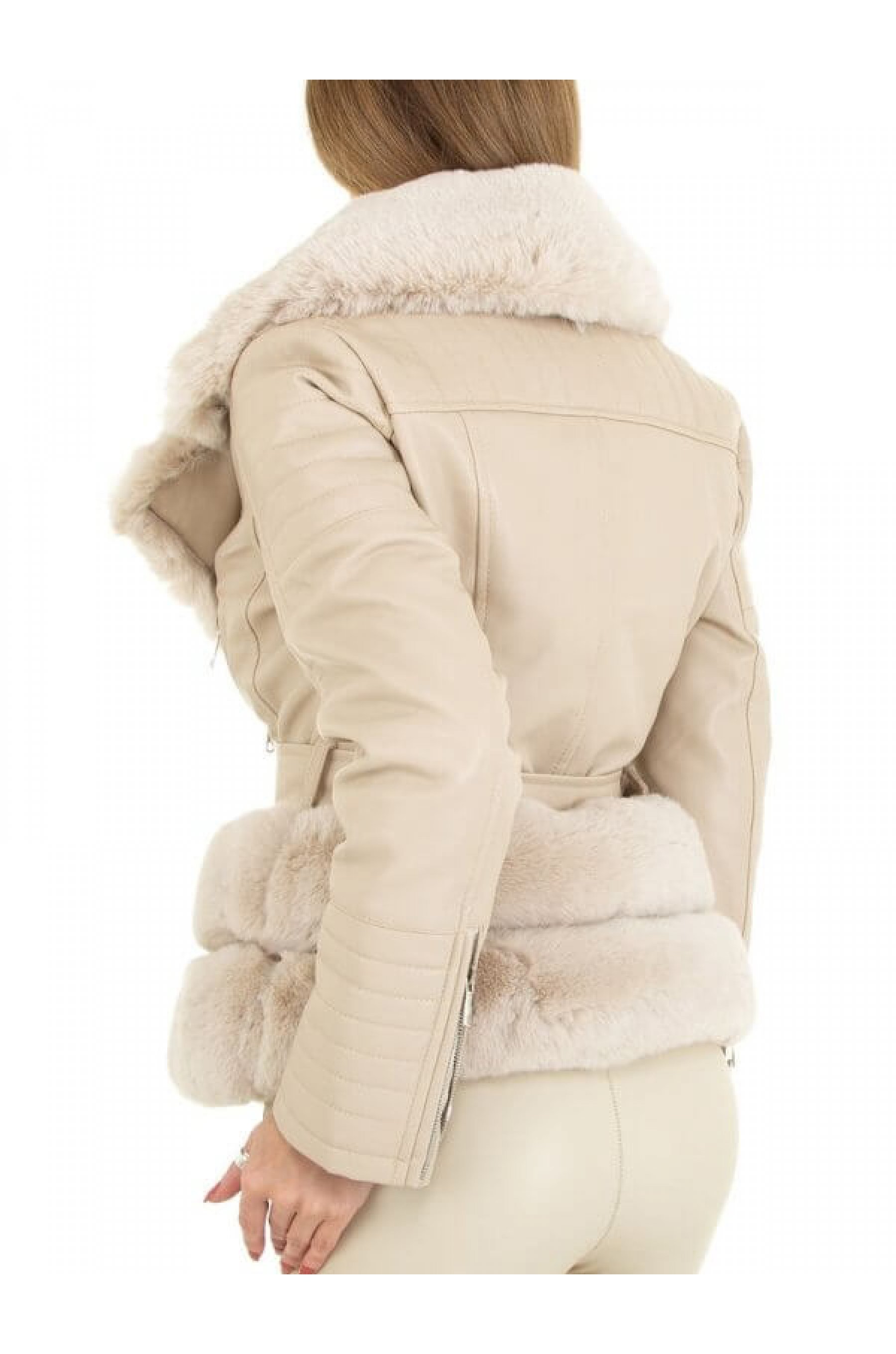 Geaca dama de iarna piele eco cu blanita bej biker Paris