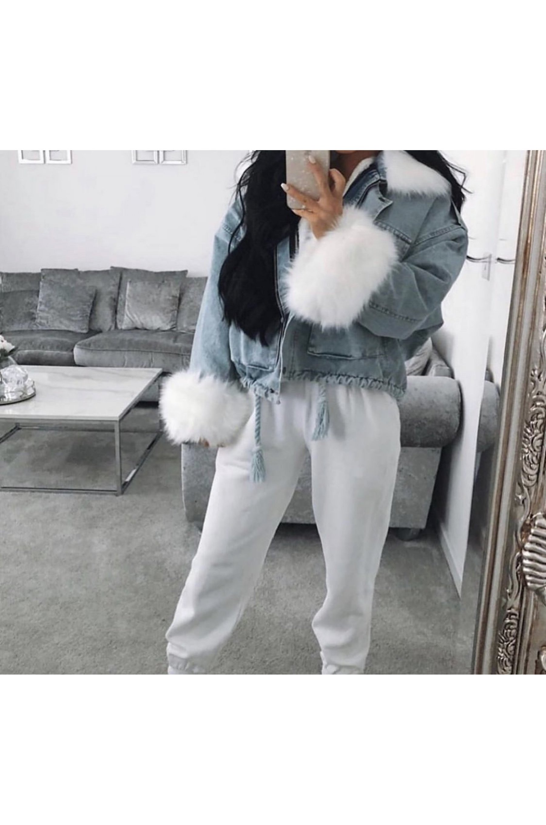 Geaca dama din denim albastru cu guler din blana eco alba Sara ...