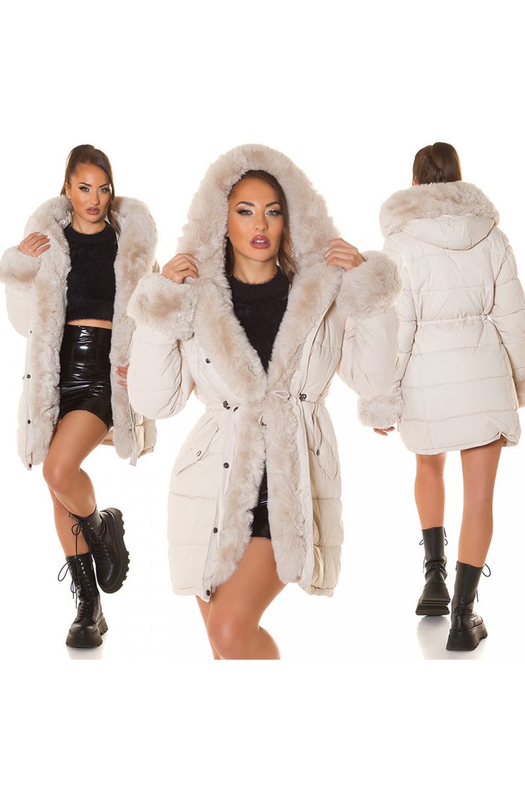 Geaca dama de iarna midi parka, bej, matlasata, cu gluga si blanita eco ...