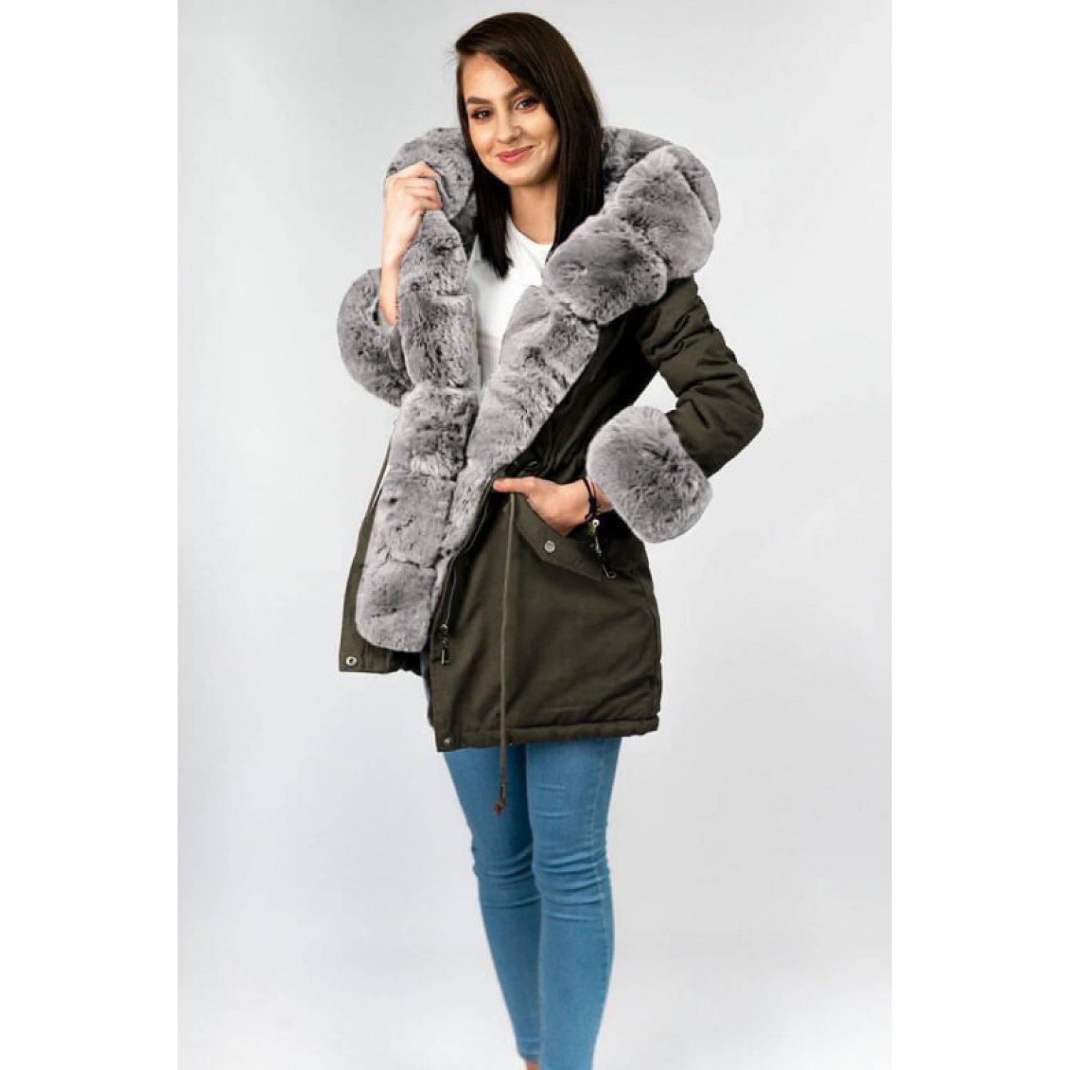 Geaca dama parka de iarna kaki cu blanita gri Edith - JojoFashion.ro