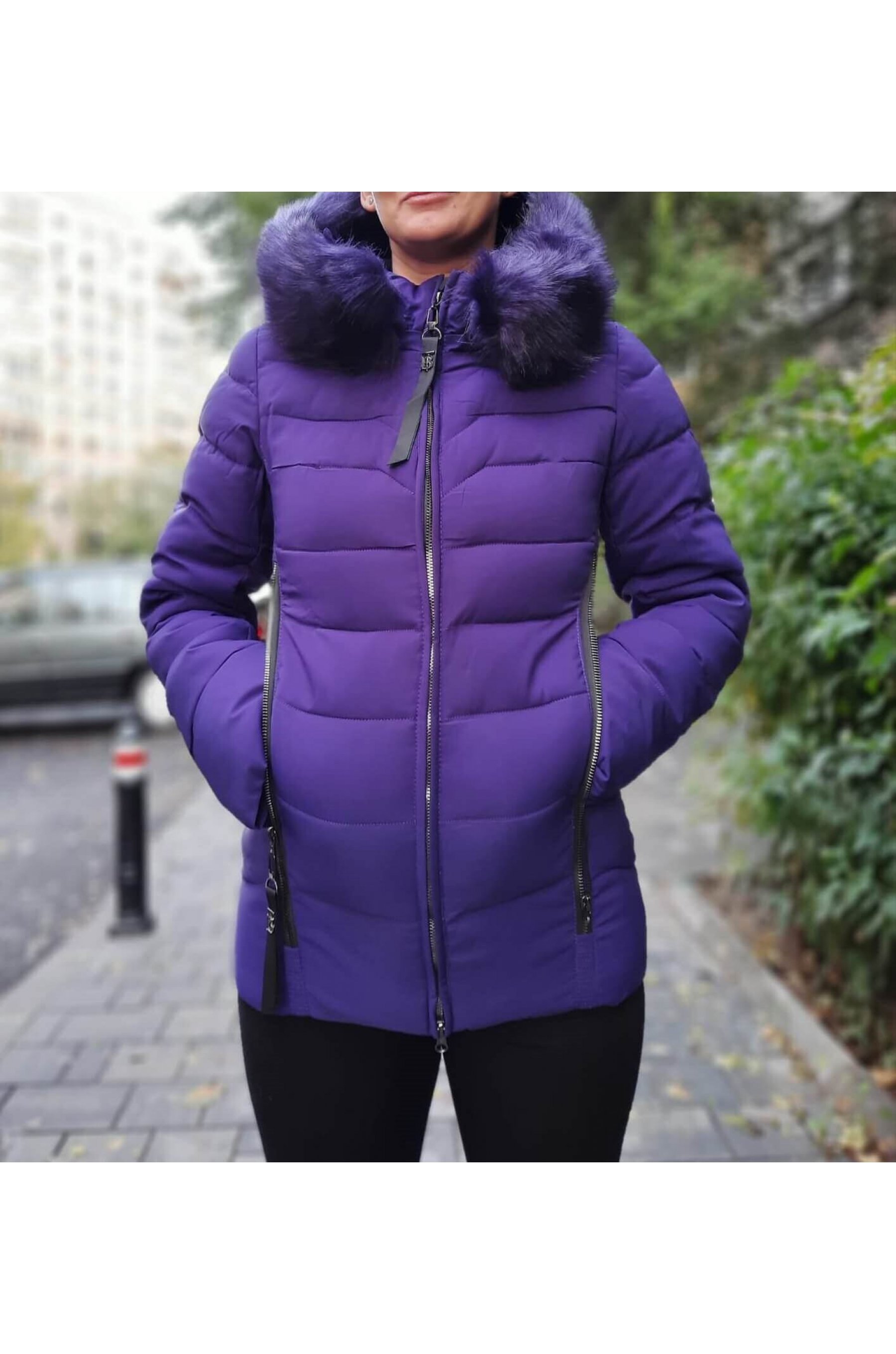 Geaca de dama de iarna mov cu gluga si blanita Amedeia - JojoFashion.ro
