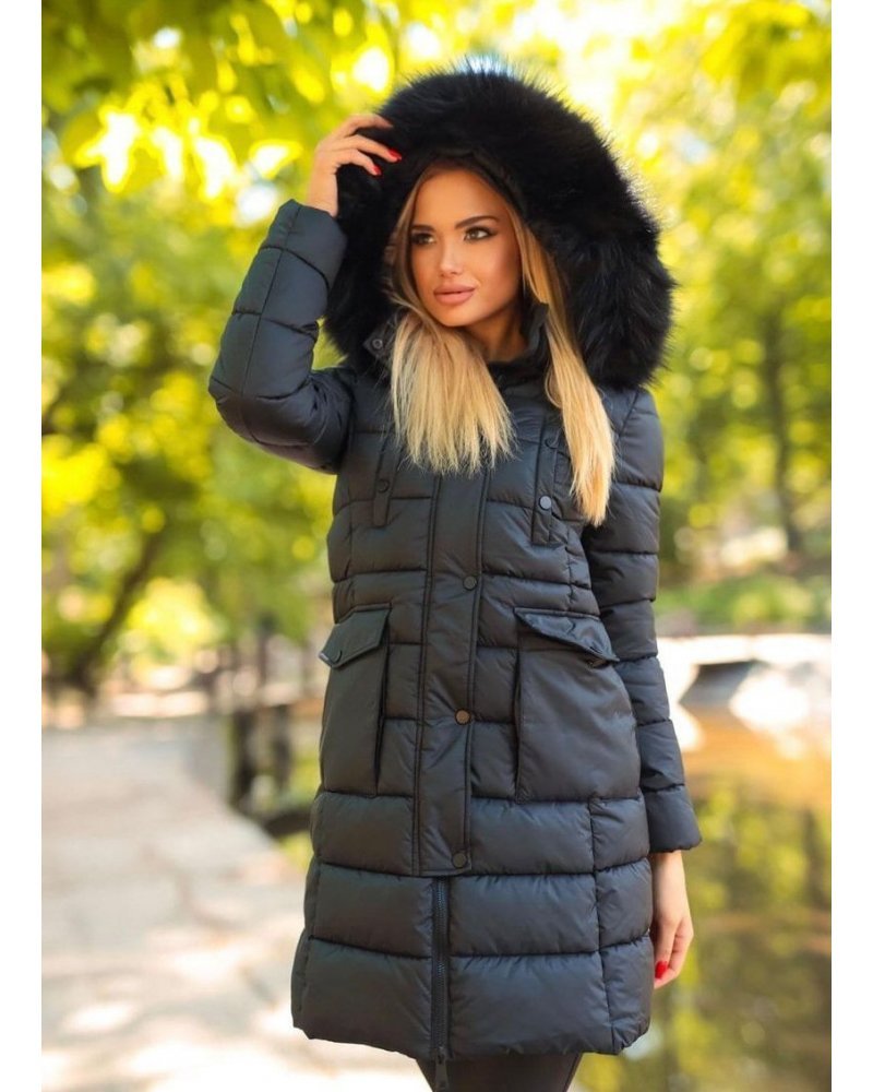 Geaca dama blana eco neagra cu gluga Falima - JojoFashion.ro