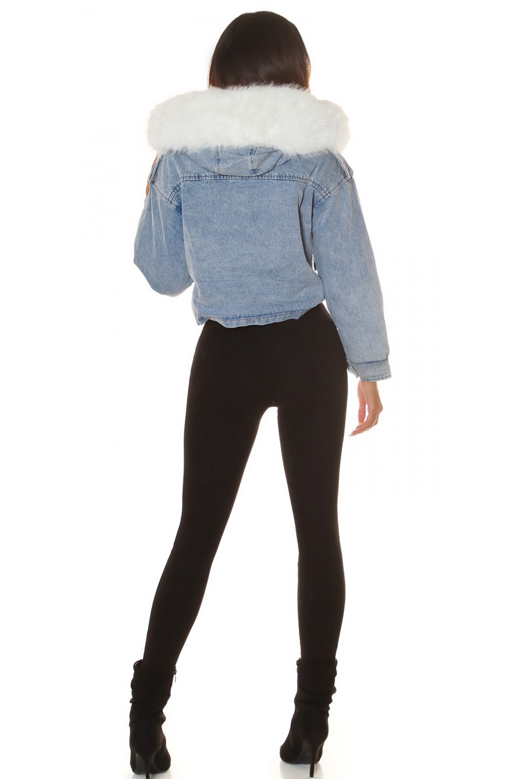 Geaca dama din denim albastru cu guler din blana eco alba Sara ...