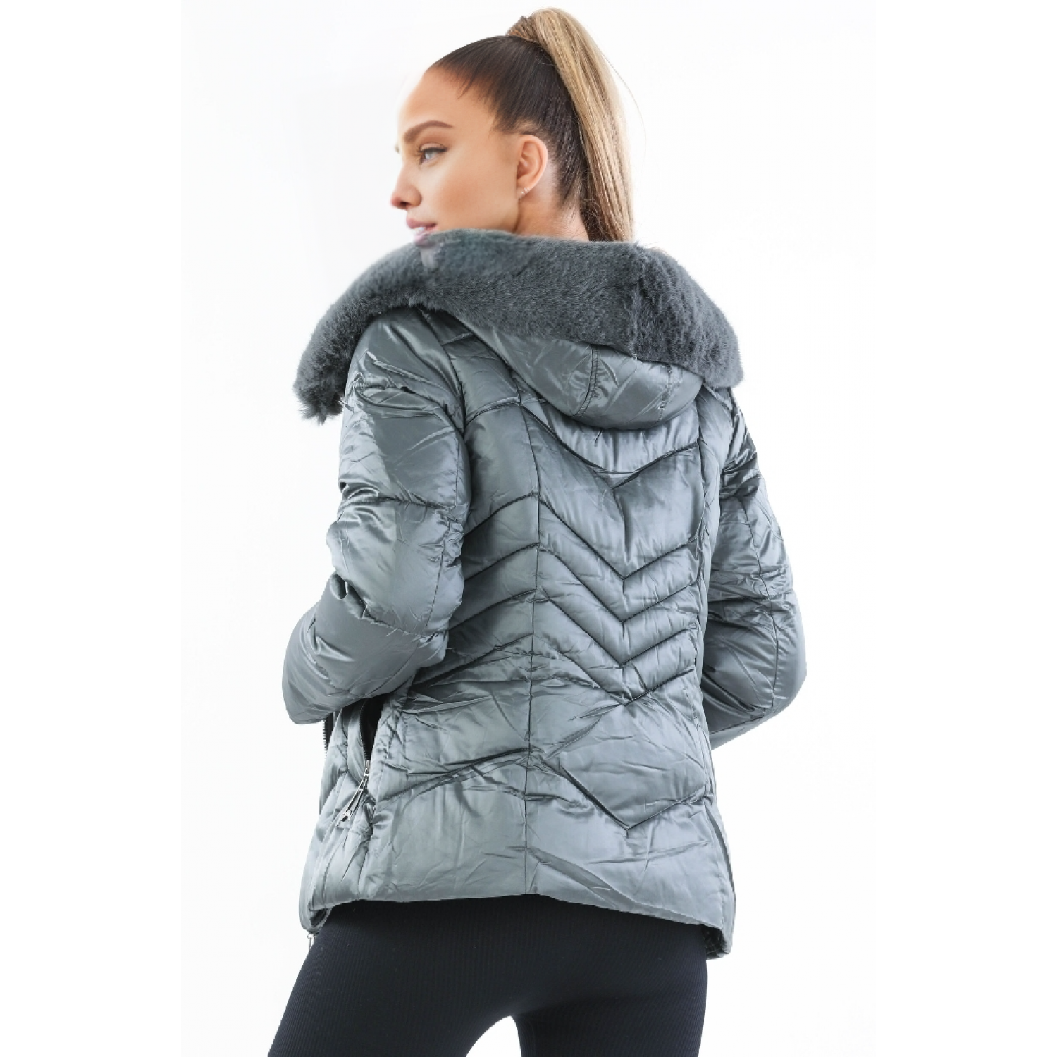 Geaca dama din fas, gri, cu gluga si blanita, cambrata, Amedeia ...