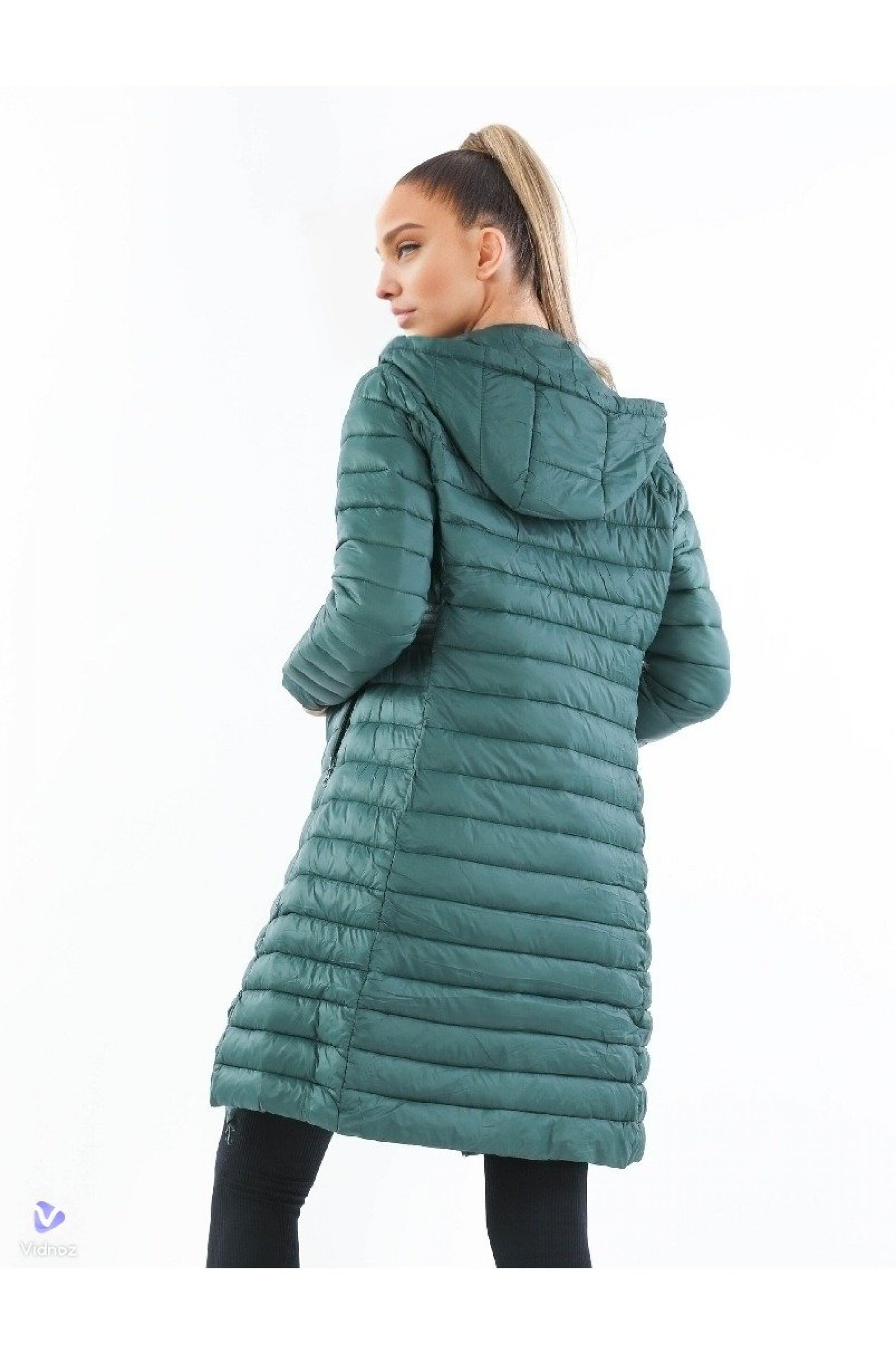 Geaca dama midi, din fas verde, cu gluga, Aresha - JojoFashion.ro