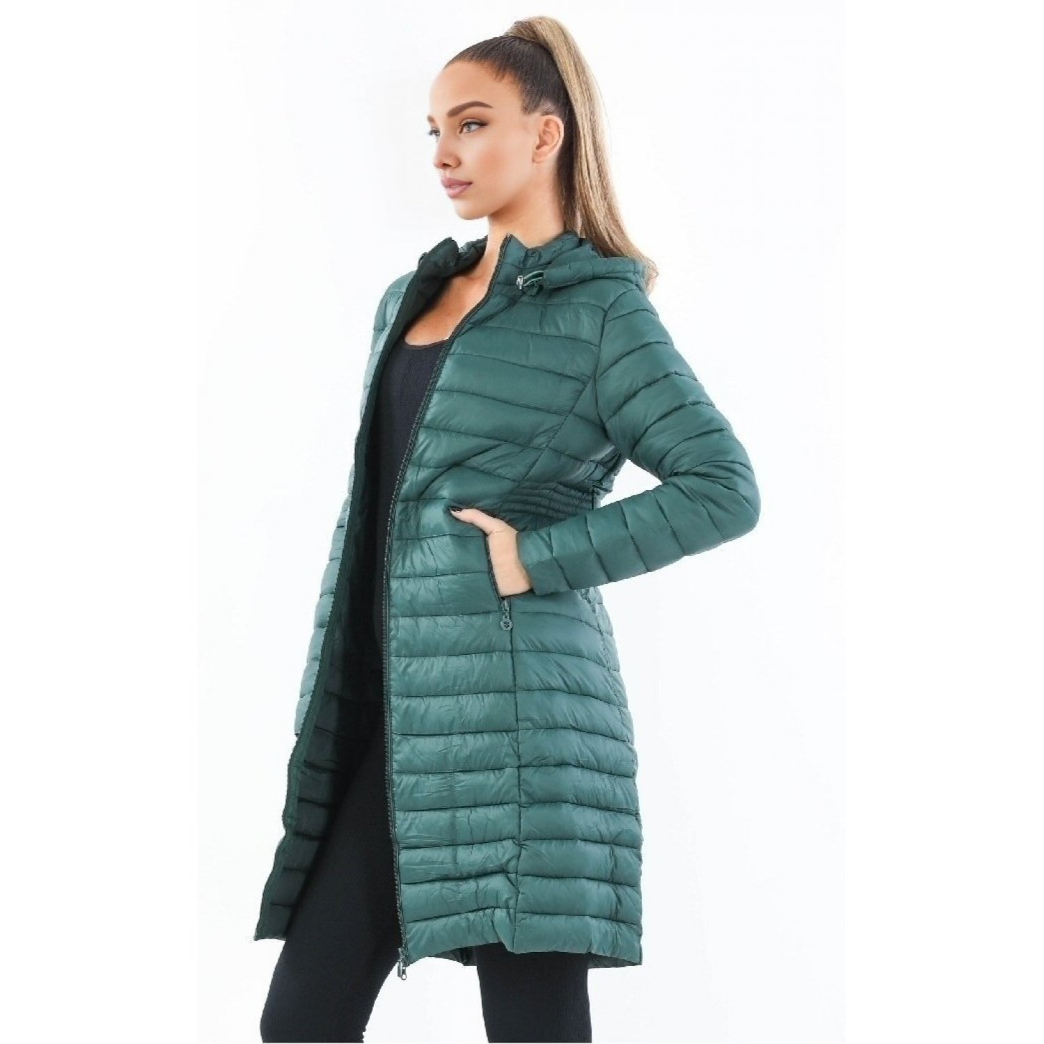 Geaca dama midi, din fas verde, cu gluga, Aresha - JojoFashion.ro