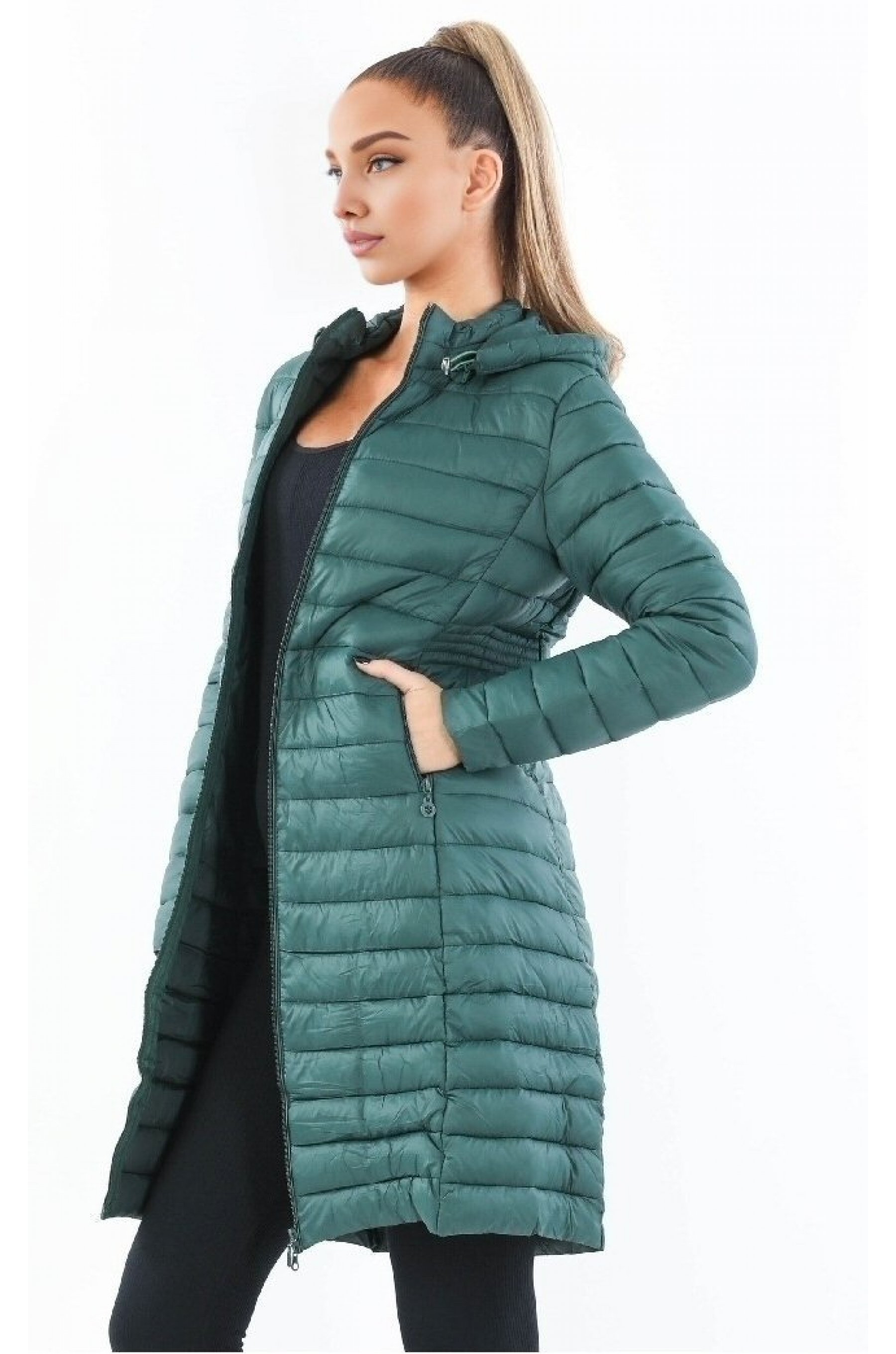 Geaca dama midi, din fas verde, cu gluga, Aresha - JojoFashion.ro